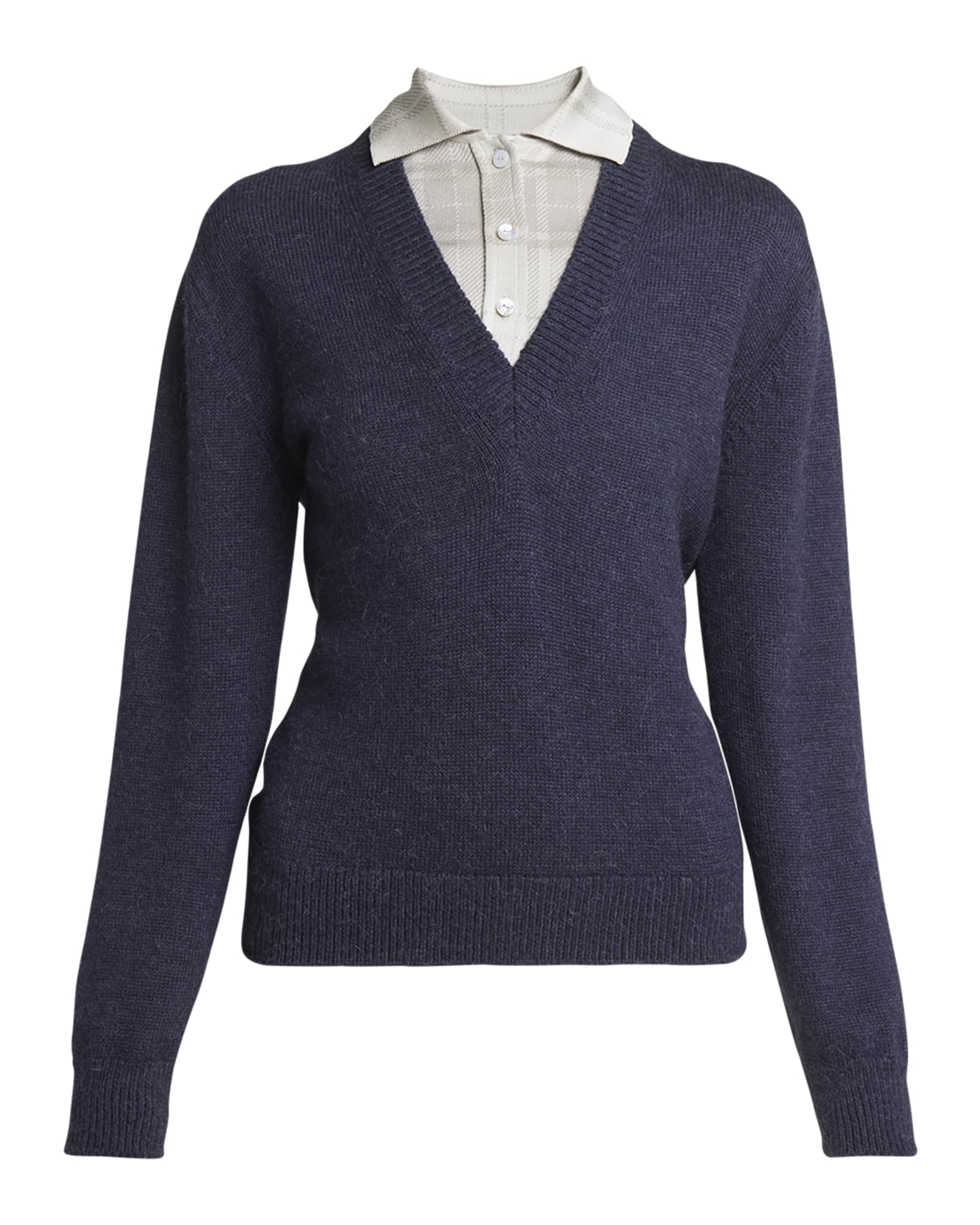 Loewe Layered Plaid Shirt Wool Sweater | Neiman Marcus