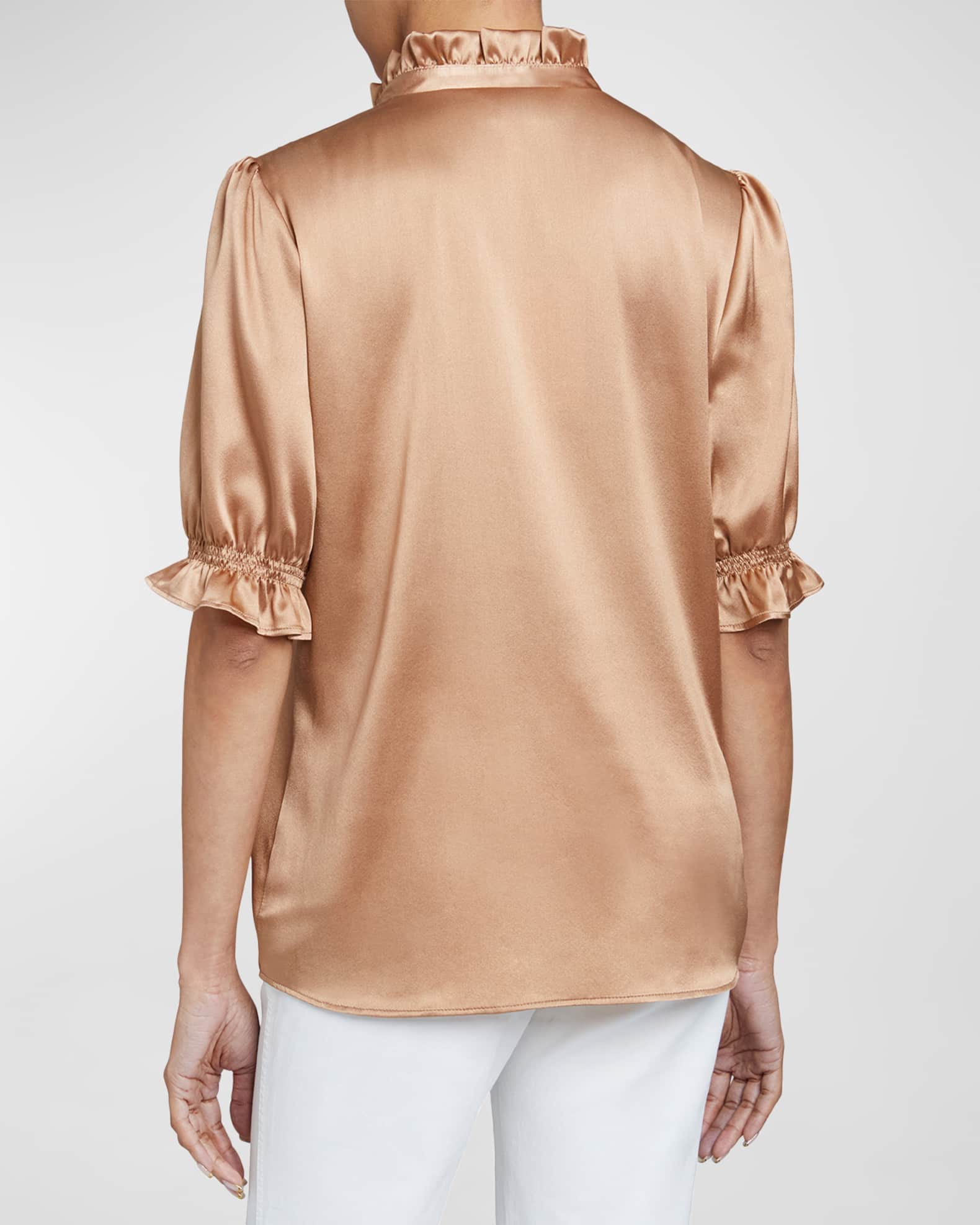 Santorelli Elisa Smocked Ruffle-Tim Silk Blouse | Neiman Marcus