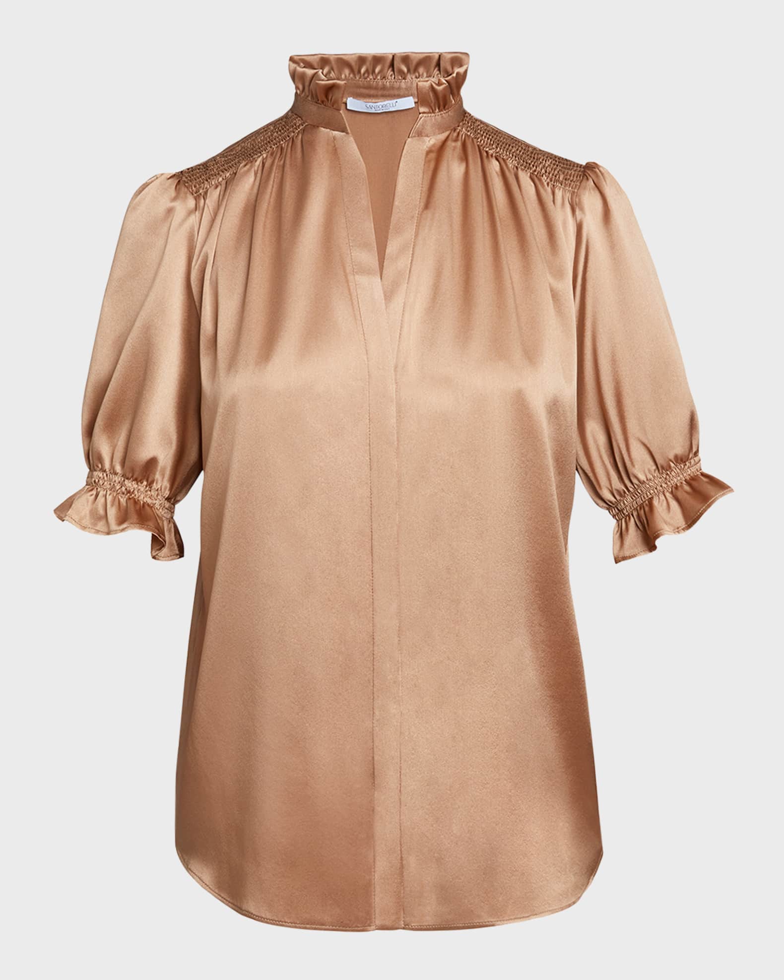 Santorelli Elisa Smocked Ruffle-Tim Silk Blouse | Neiman Marcus