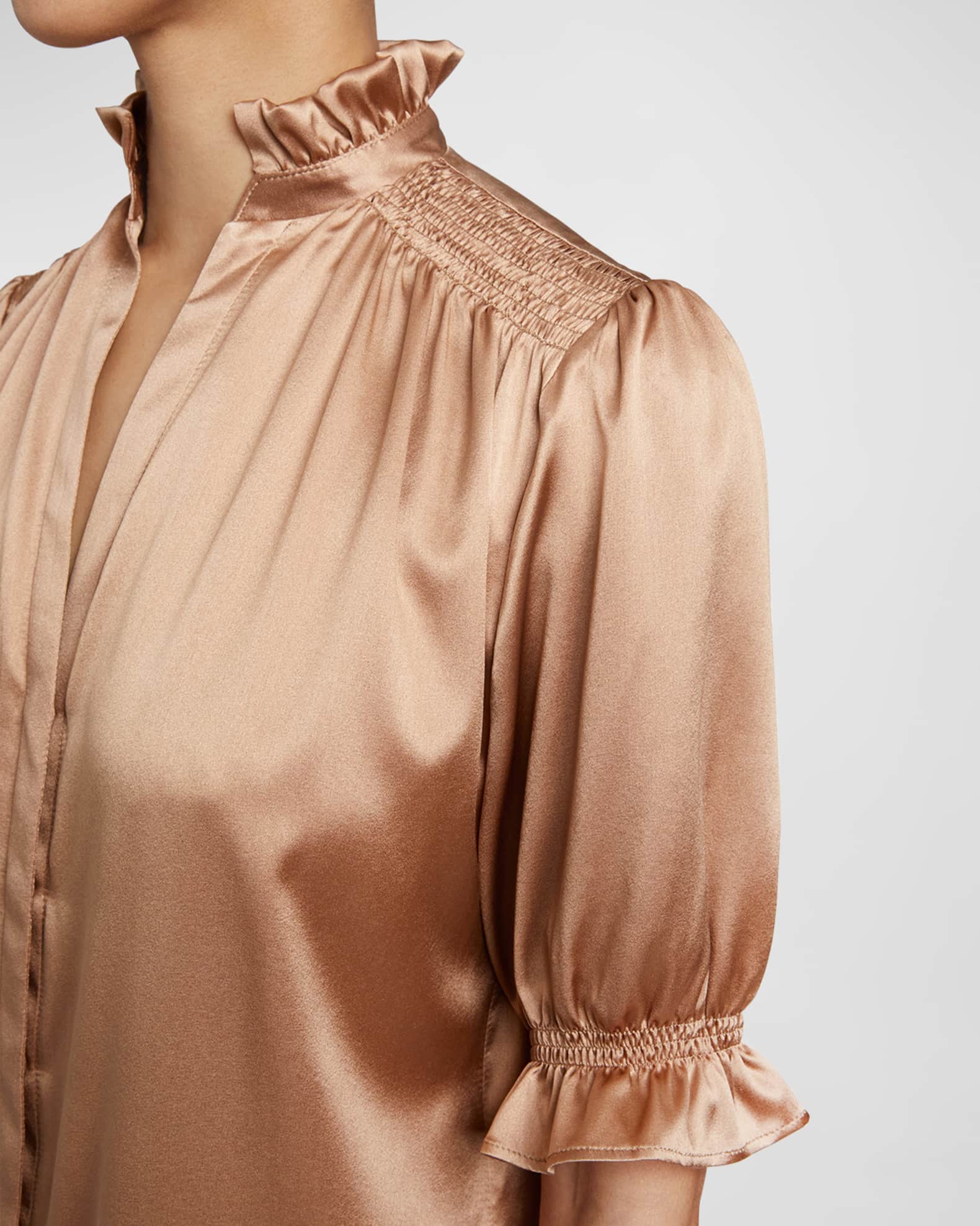 Santorelli Elisa Smocked Ruffle-Tim Silk Blouse | Neiman Marcus