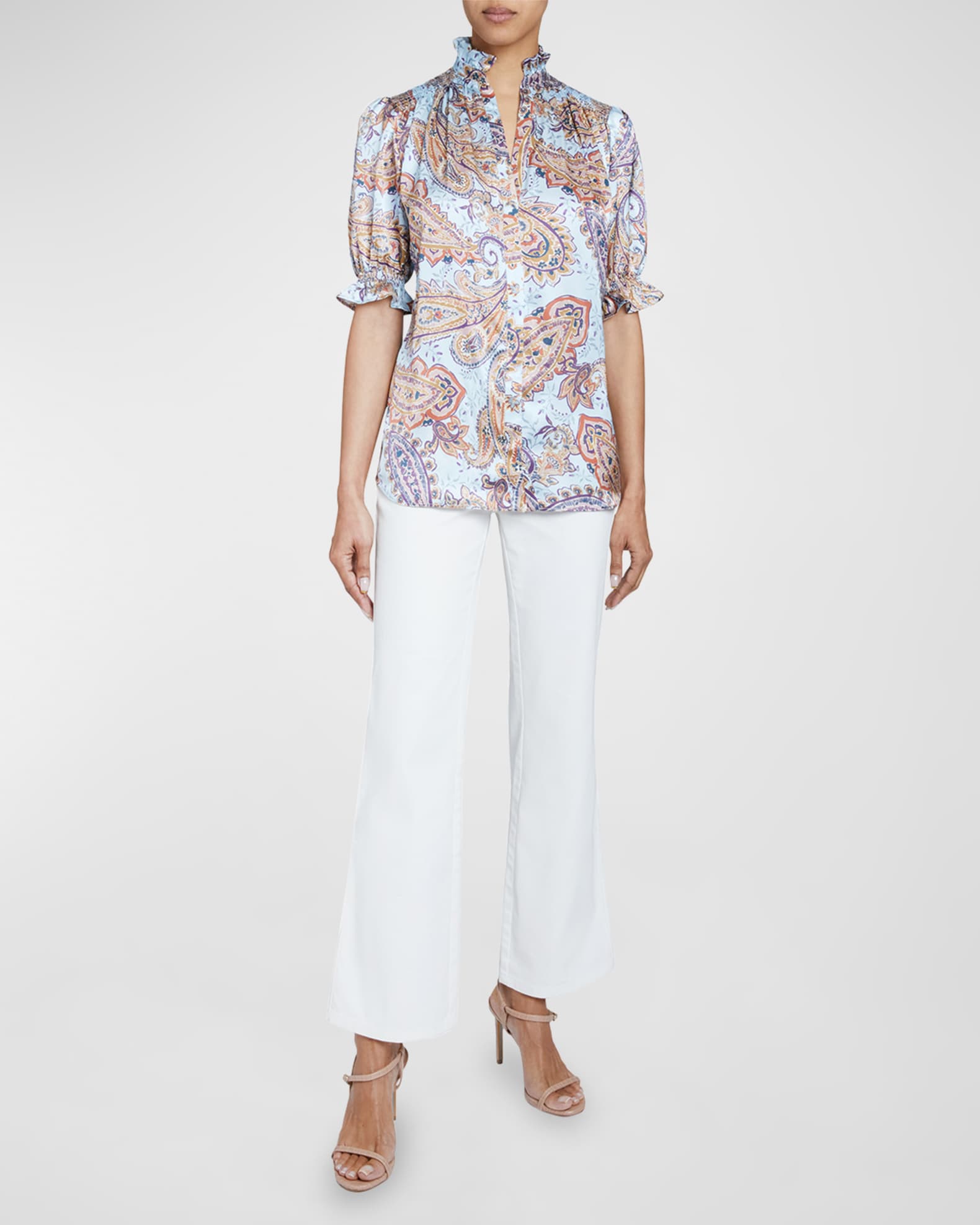 Santorelli Elisa Smocked Ruffle-Tim Silk Blouse | Neiman Marcus
