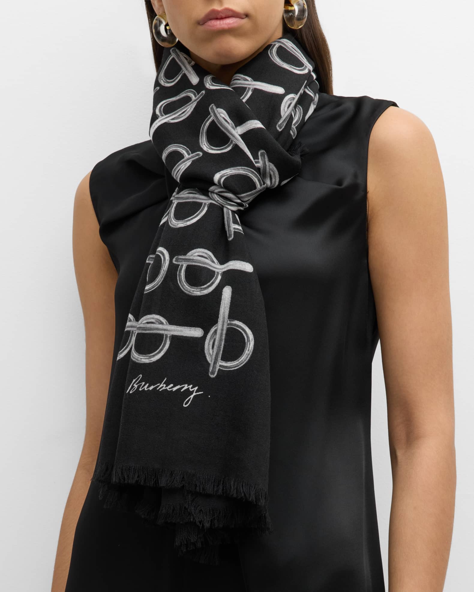 Burberry B-Buckle Fringed Wool Scarf | Neiman Marcus