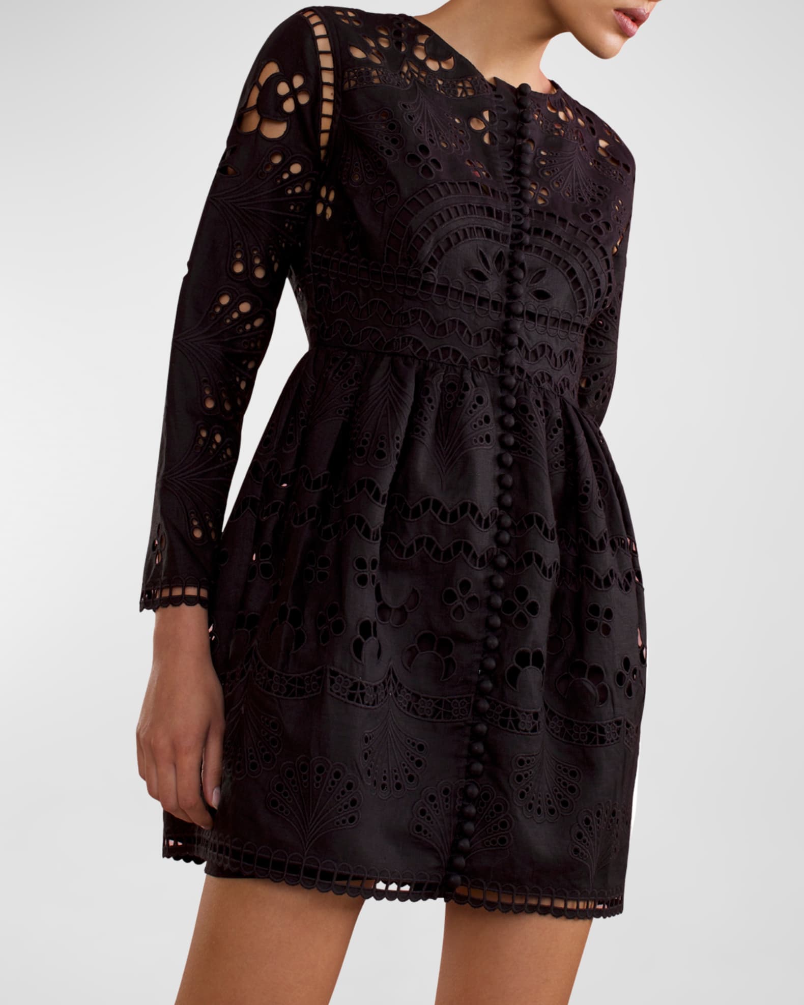 Cynthia Rowley Pleated Eyelet-Embroidered Linen Mini Dress | Neiman Marcus