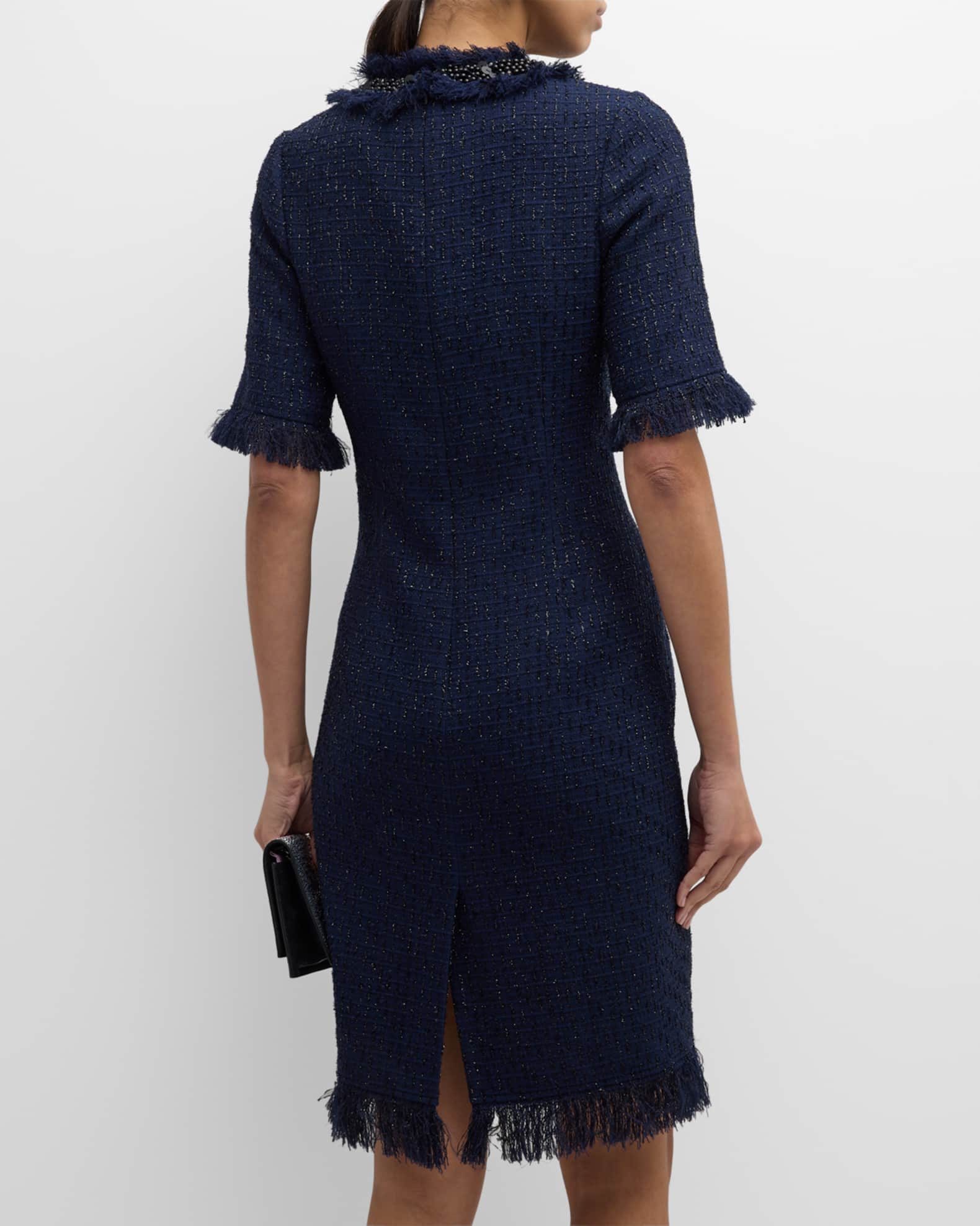 Rickie Freeman for Teri Jon Beaded Fringe-Trim Boucle Midi Dress ...