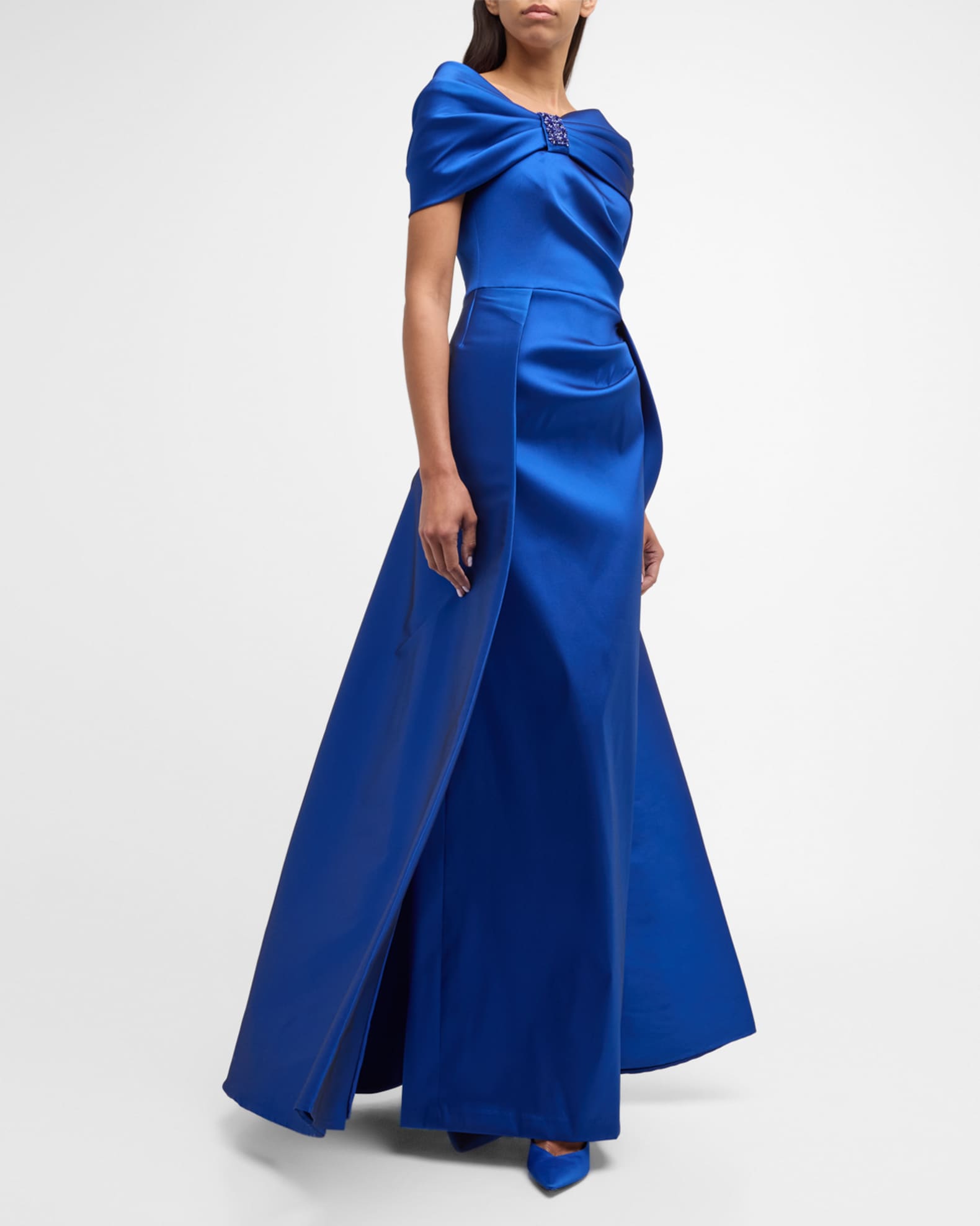 Rickie Freeman for Teri Jon Pleated Off-Shoulder Jewel-Embellished Gown ...