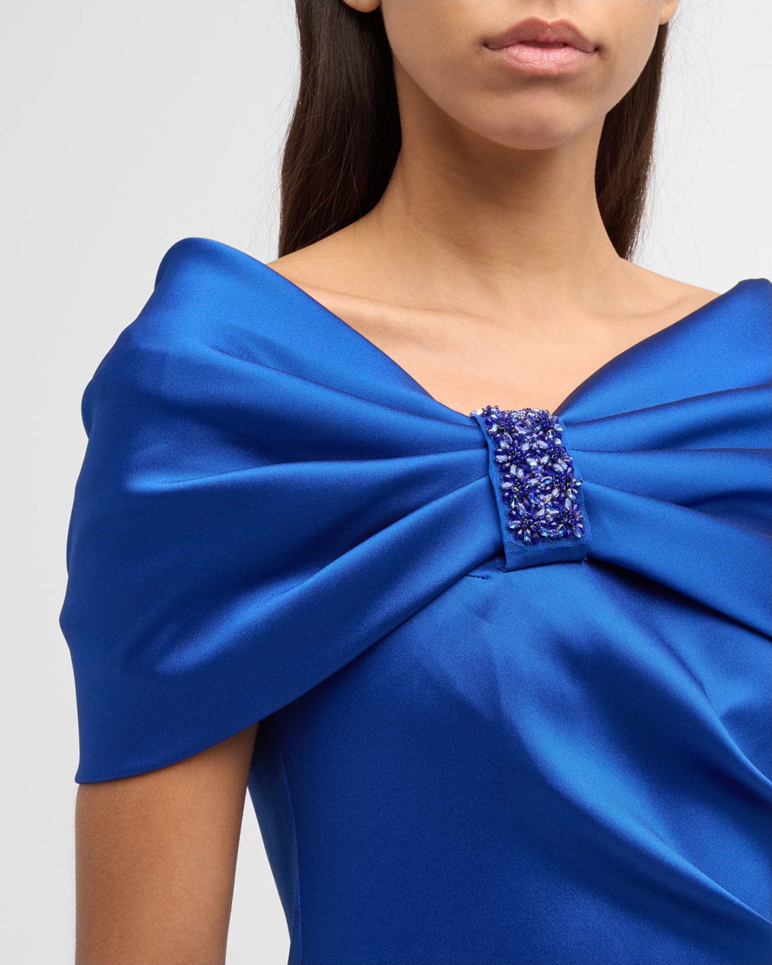 Rickie Freeman for Teri Jon Pleated Off-Shoulder Jewel-Embellished Gown ...