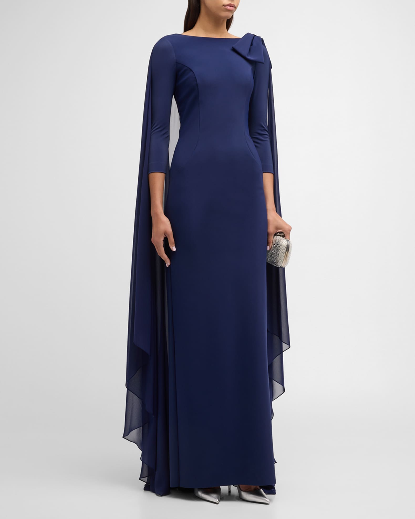 Rickie Freeman for Teri Jon Bateau-Neck Column Cape Gown | Neiman Marcus