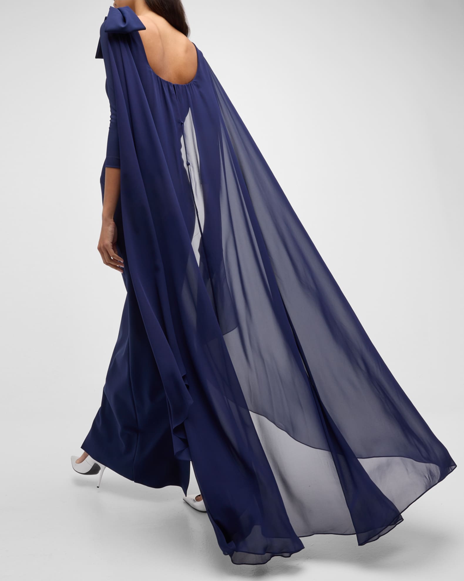 Rickie Freeman for Teri Jon Bateau-Neck Column Cape Gown | Neiman Marcus