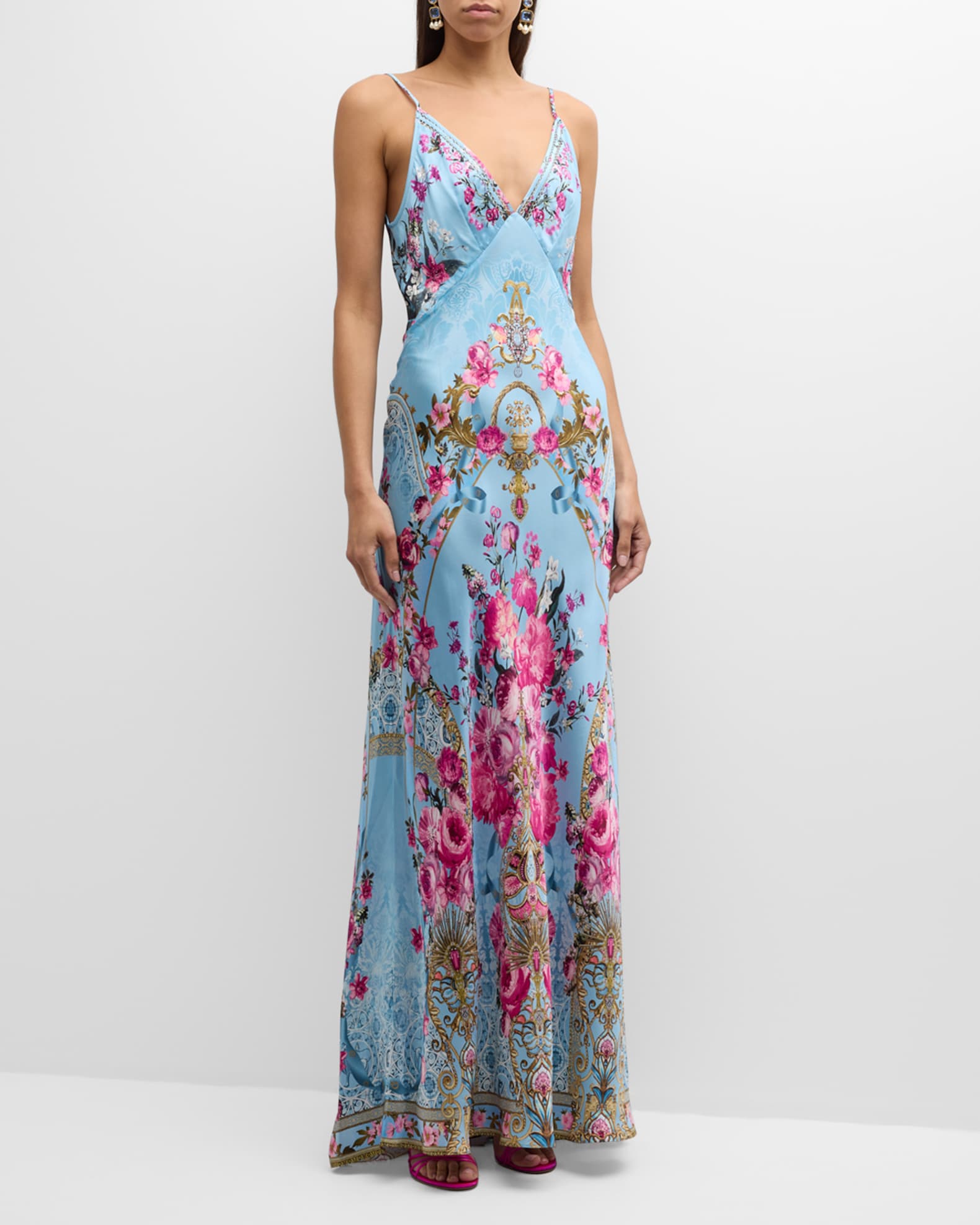 Camilla V Neck Long Bias Silk Slip Dress With Train Neiman Marcus