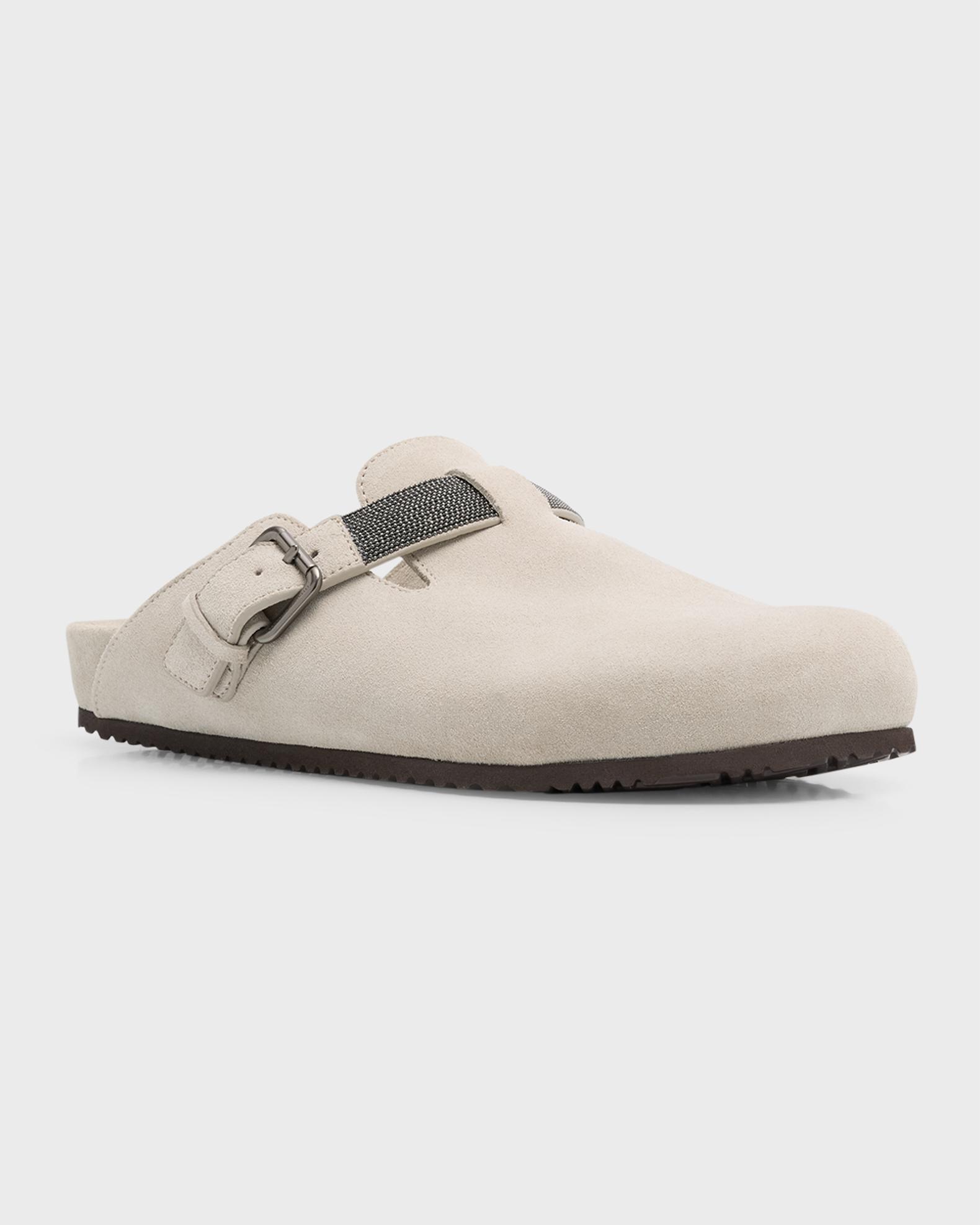 Brunello Cucinelli Suede Monili Buckle Mules | Neiman Marcus