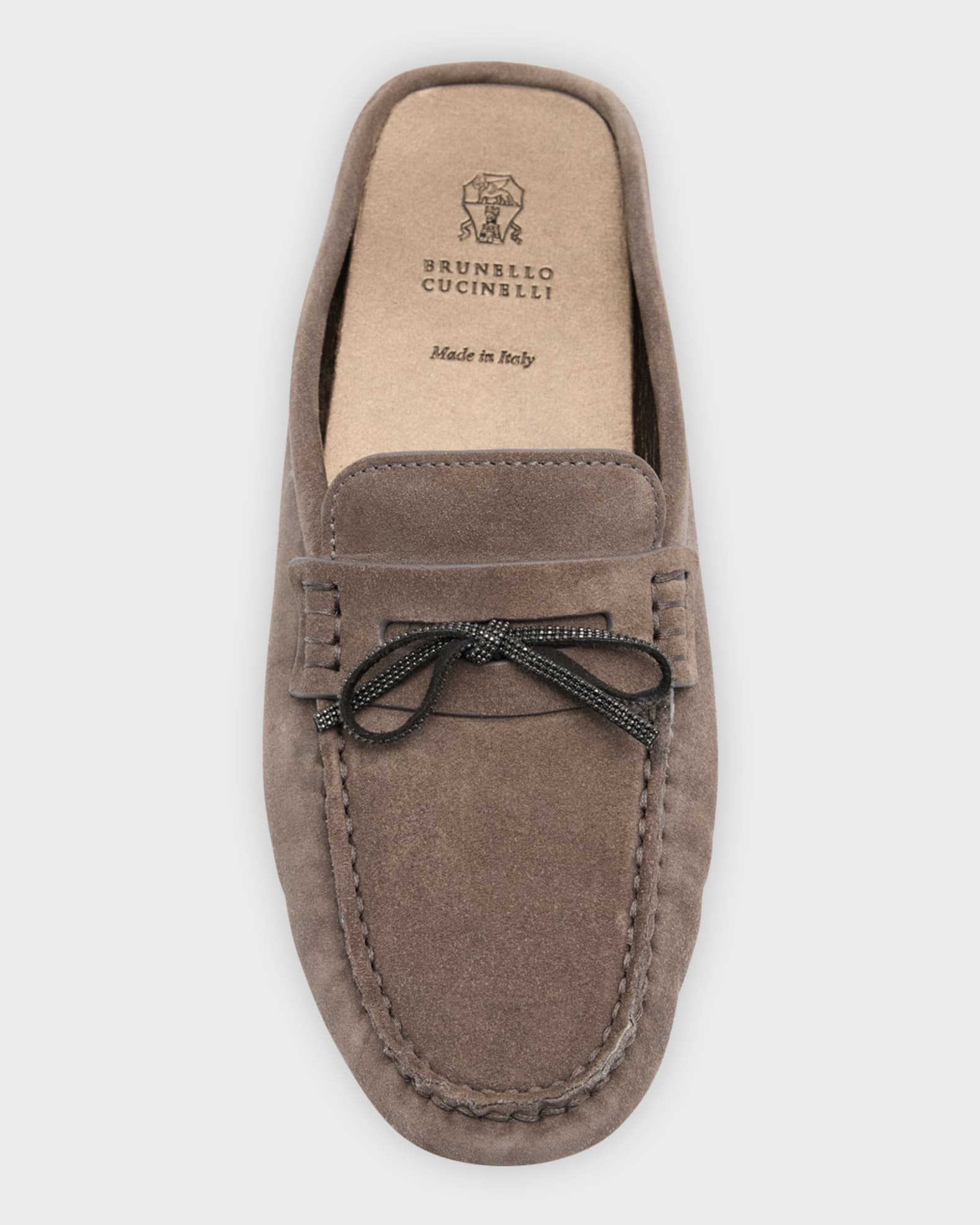 Brunello Cucinelli Suede Monili Bow Driver Loafer Mules | Neiman Marcus