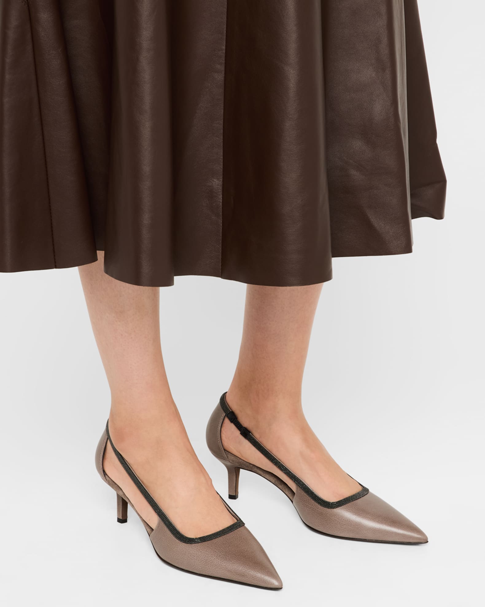 Brunello Cucinelli Leather Monili Kitten Pumps | Neiman Marcus