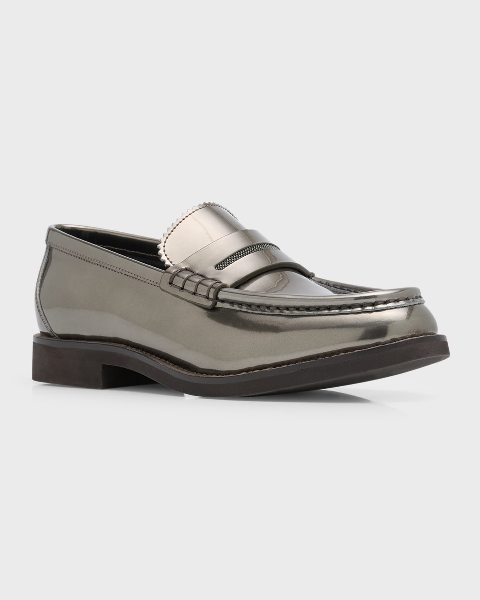 Brunello Cucinelli Metallic Leather Monili Penny Loafers | Neiman Marcus
