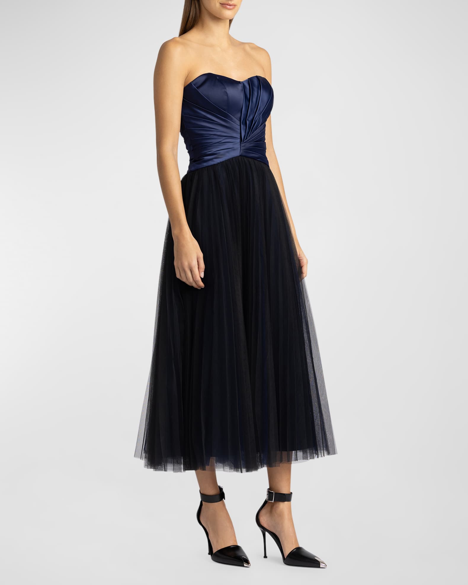 Zac Posen Strapless Pleated Tulle Midi Dress | Neiman Marcus