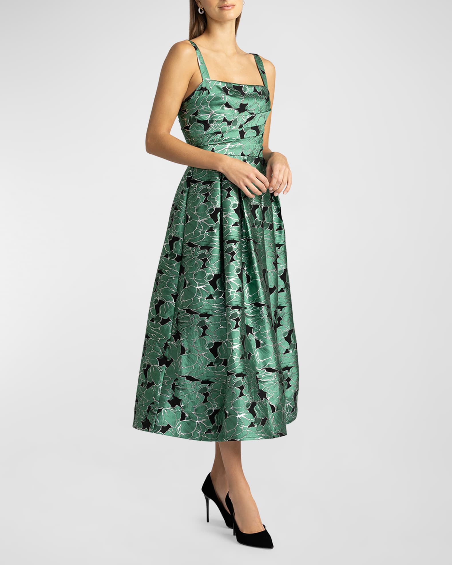 Zac Posen Pleated Metallic Floral Jacquard Midi Dress Neiman Marcus