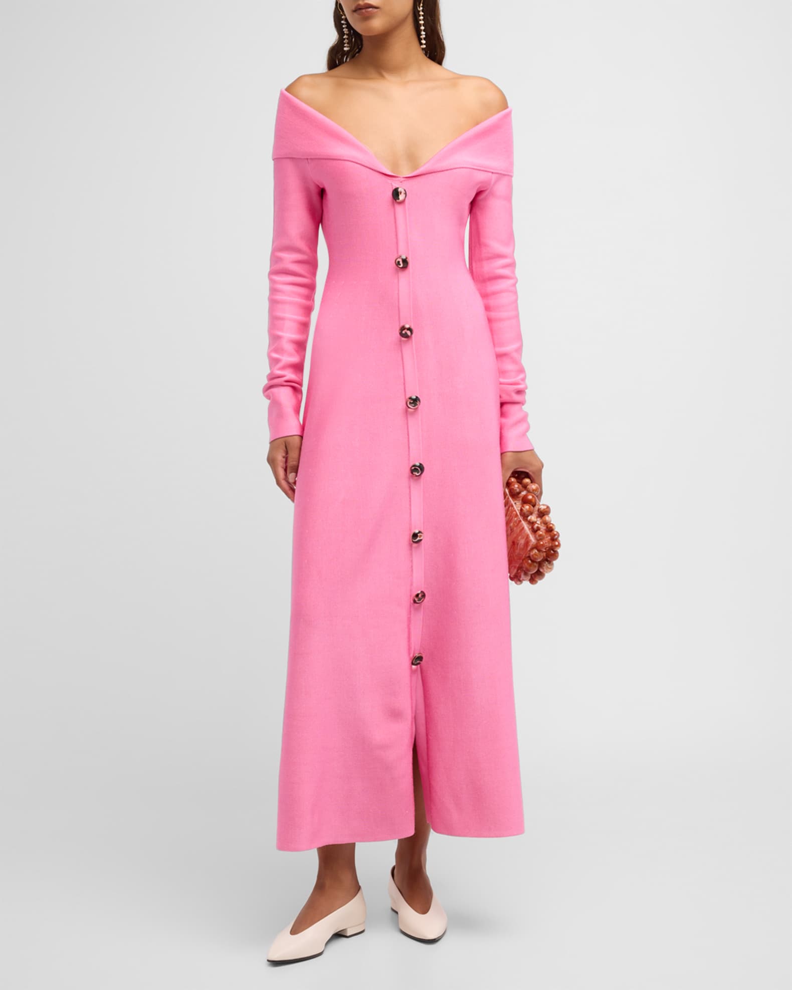 Lela Rose Off-The-Shoulder Long-Sleeve Button-Front Midi Dress | Neiman ...