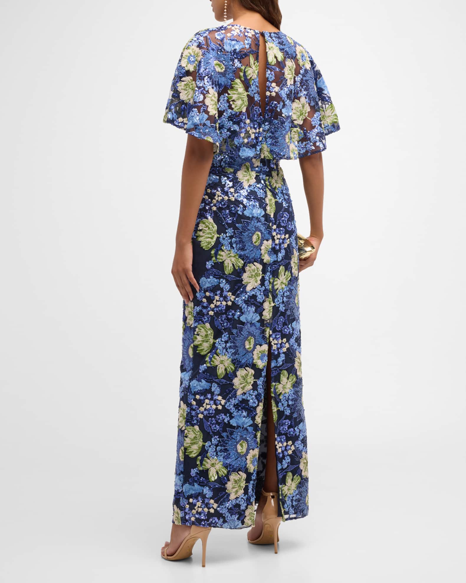 Lela Rose V-Neck Flower Sequin Cape-Sleeve Column Maxi Dress | Neiman ...