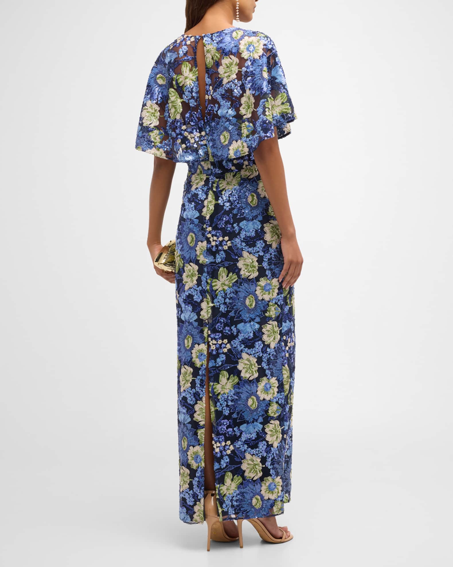 Lela Rose V-Neck Flower Sequin Cape-Sleeve Column Maxi Dress | Neiman ...