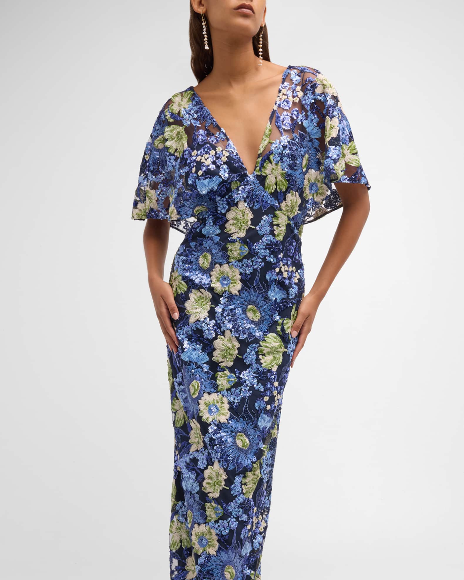 Lela Rose V-Neck Flower Sequin Cape-Sleeve Column Maxi Dress | Neiman ...