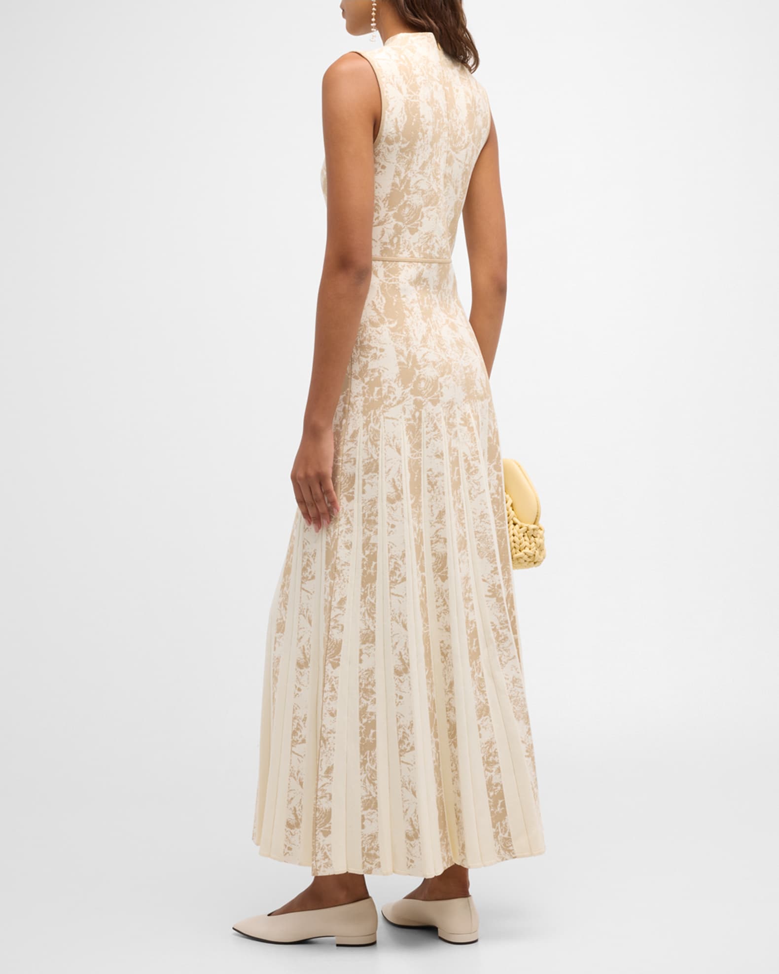 Lela Rose Pleated Floral Striped Jacquard Mock-Neck Sleeveless Midi Dress | Neiman Marcus
