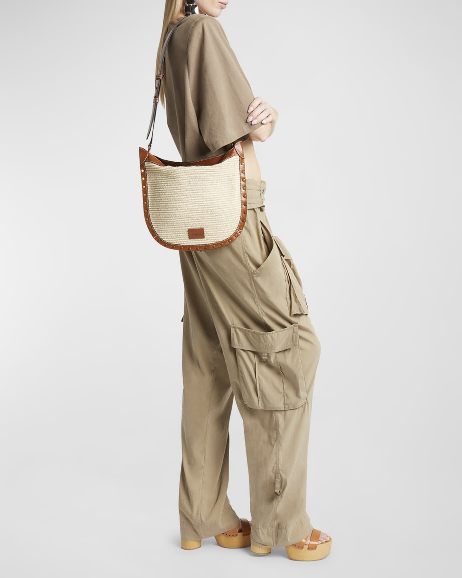 Isabel Marant Oskan Studded Raffia Hobo Bag | Neiman Marcus