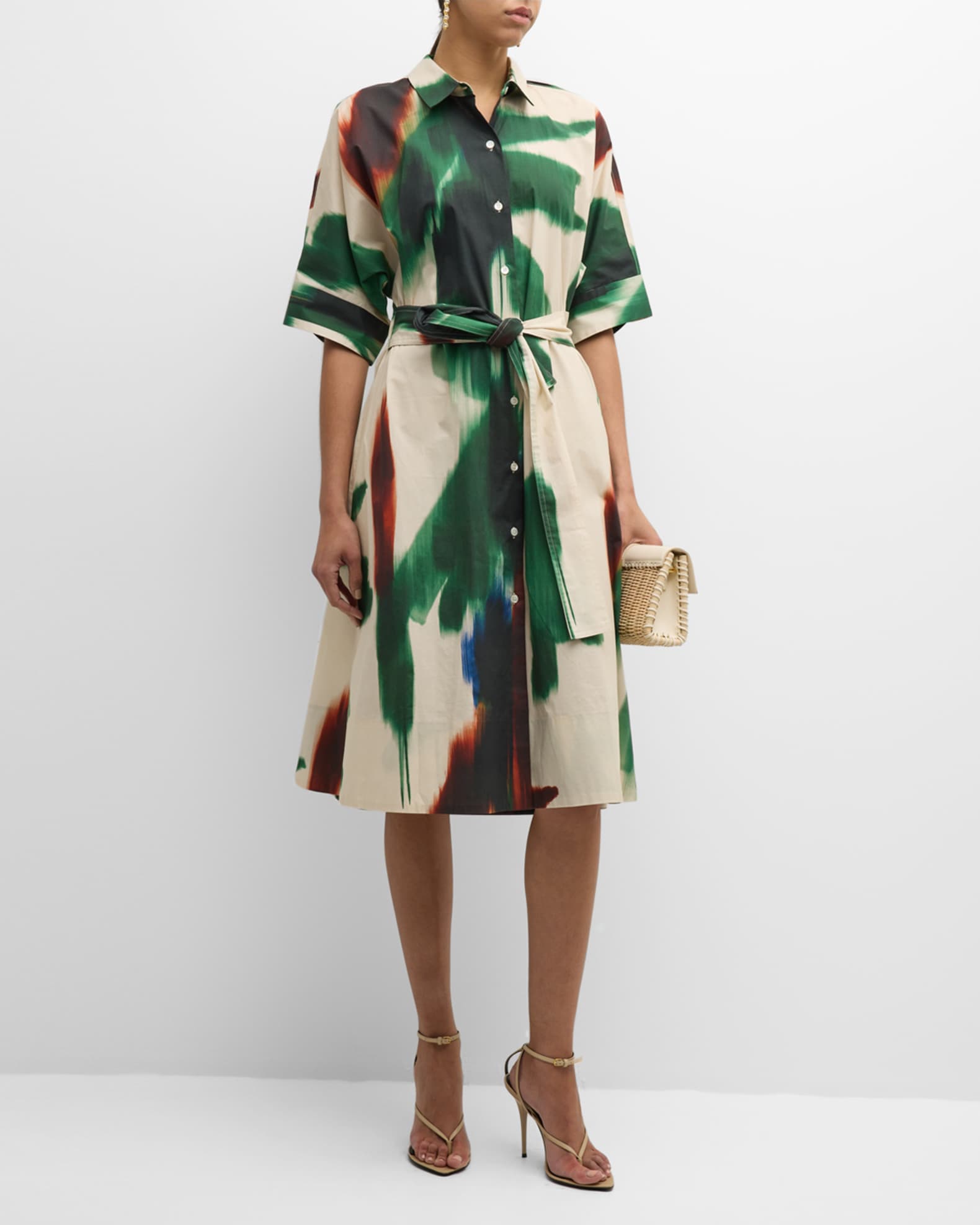 Natori Amalfi Abstract-Print Poplin Midi Shirtdress | Neiman Marcus