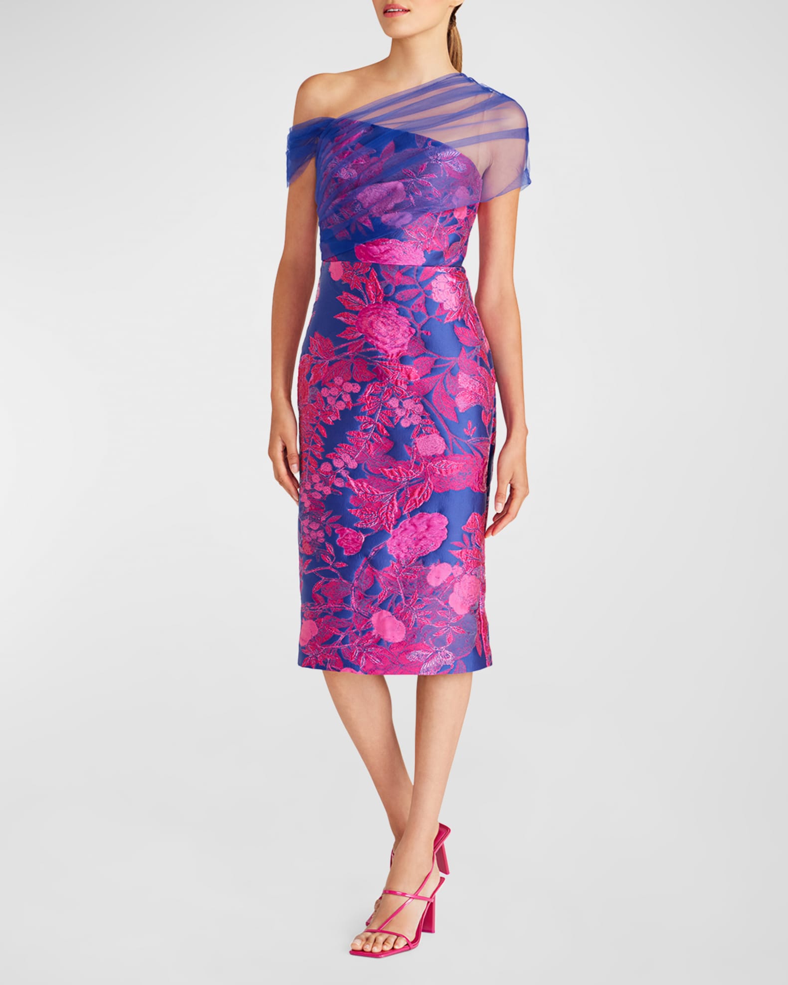 Theia Ruth Floral Jacquard One-Shoulder Midi Dress | Neiman Marcus