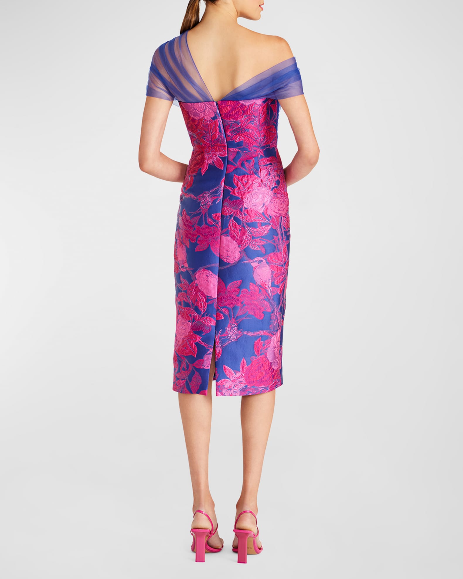 Theia Ruth Floral Jacquard One-Shoulder Midi Dress | Neiman Marcus