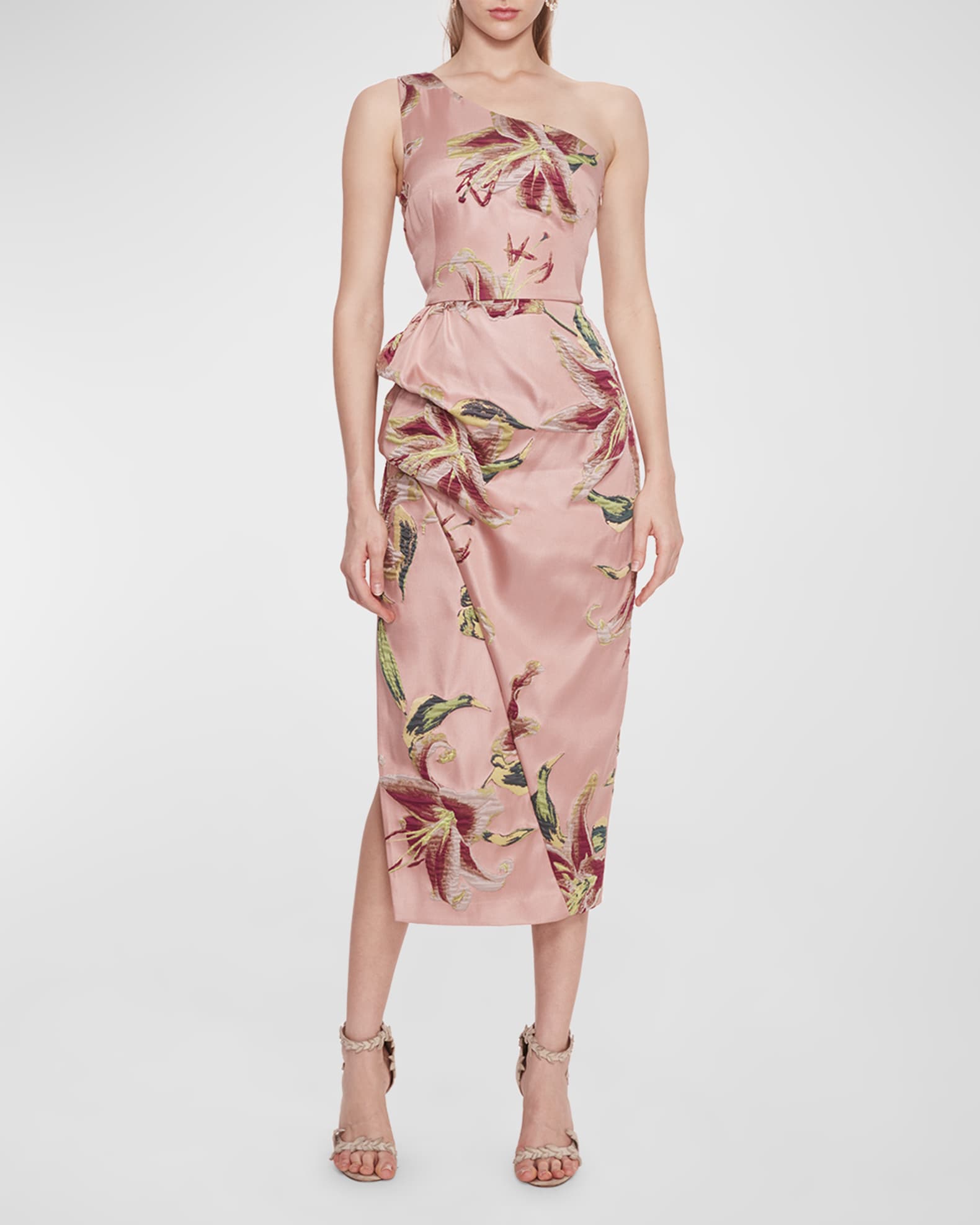 Marchesa Notte Draped One-Shoulder Floral Jacquard Midi Dress | Neiman Marcus