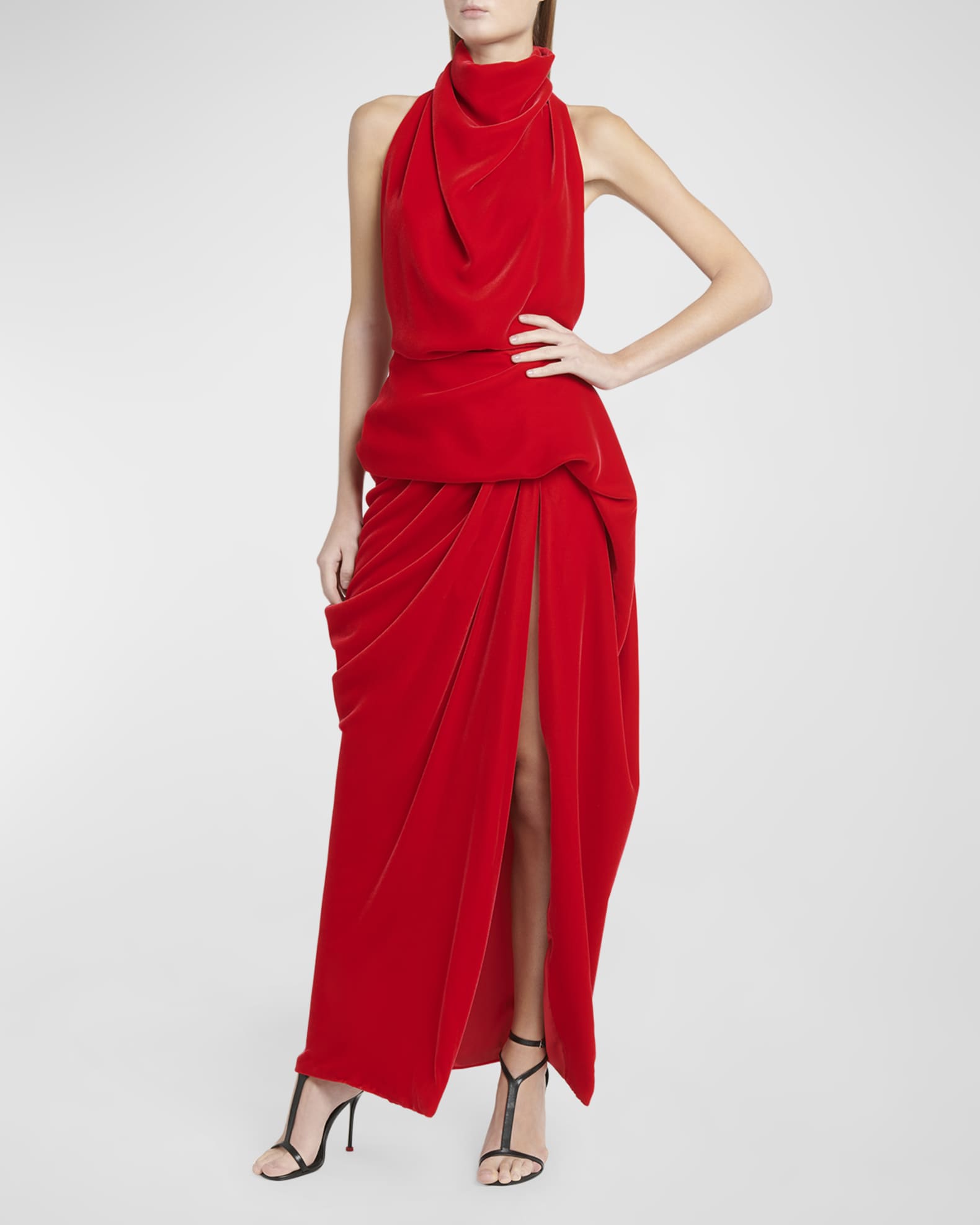 Alexander McQueen Draped Velvet Backless Gown with Slit | Neiman Marcus