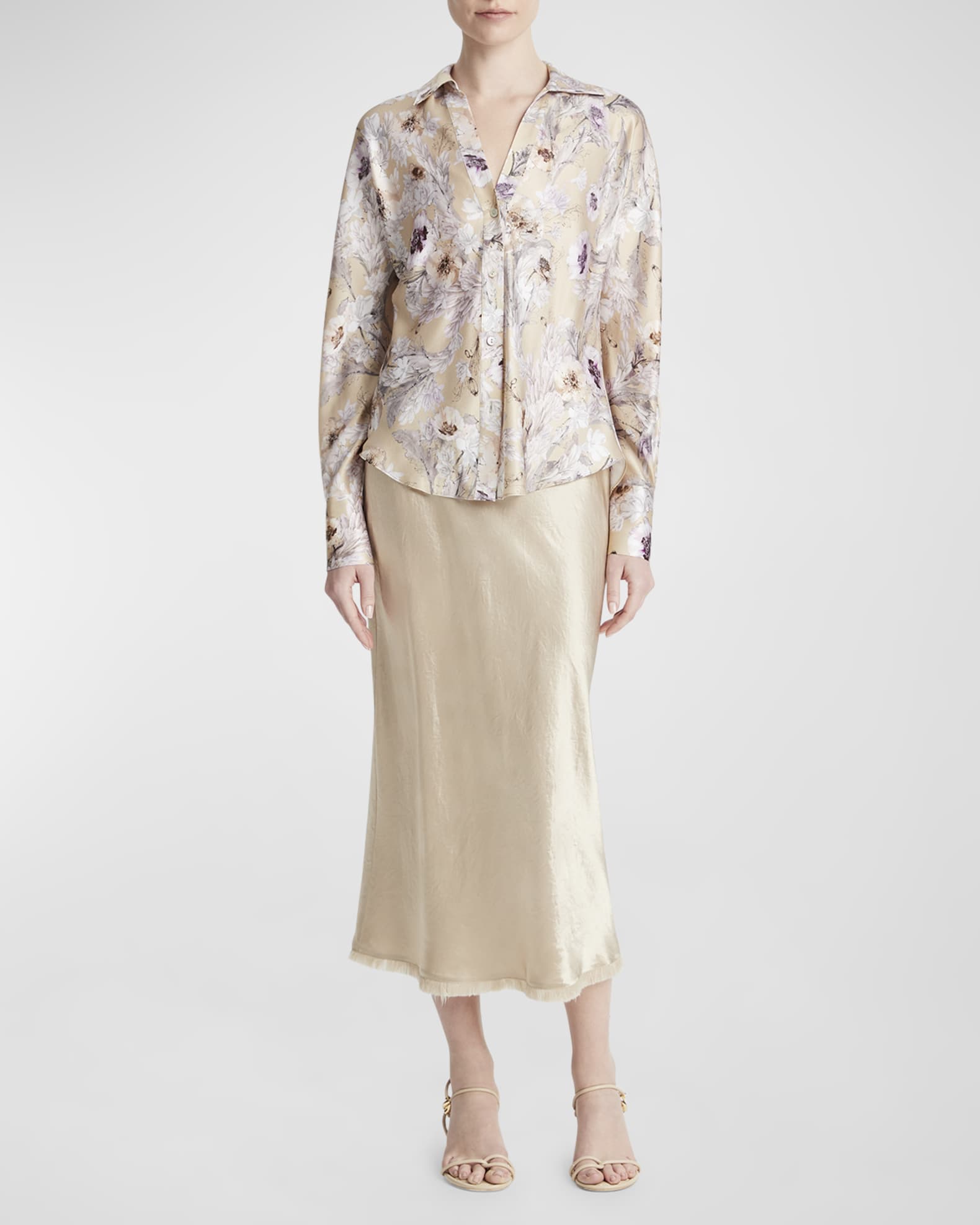 Vince Wild Flower Long-Sleeve Bias Silk Blouse | Neiman Marcus