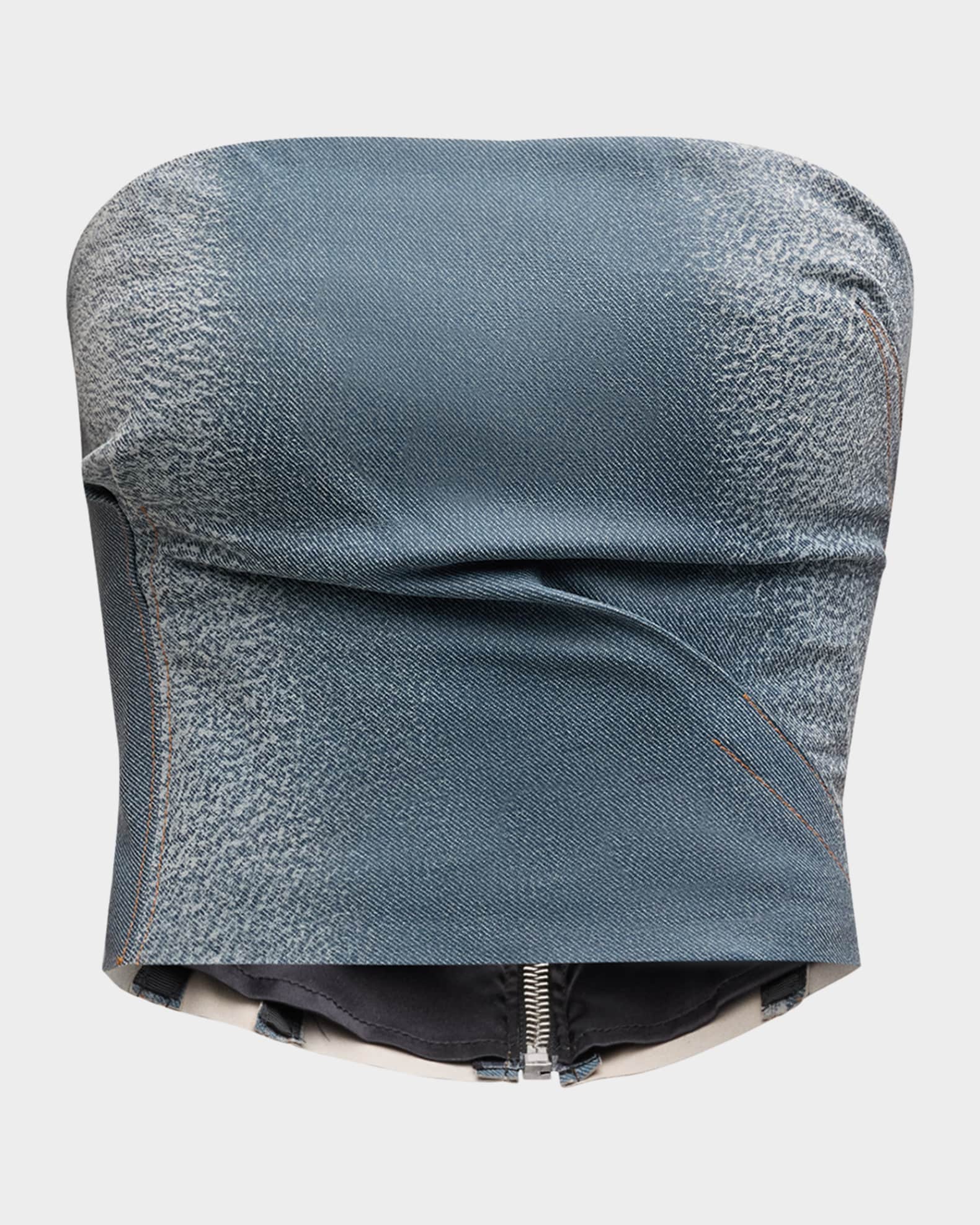 LaQuan Smith Denim-Printed Leather Strapless Crop Bustier Top | Neiman ...