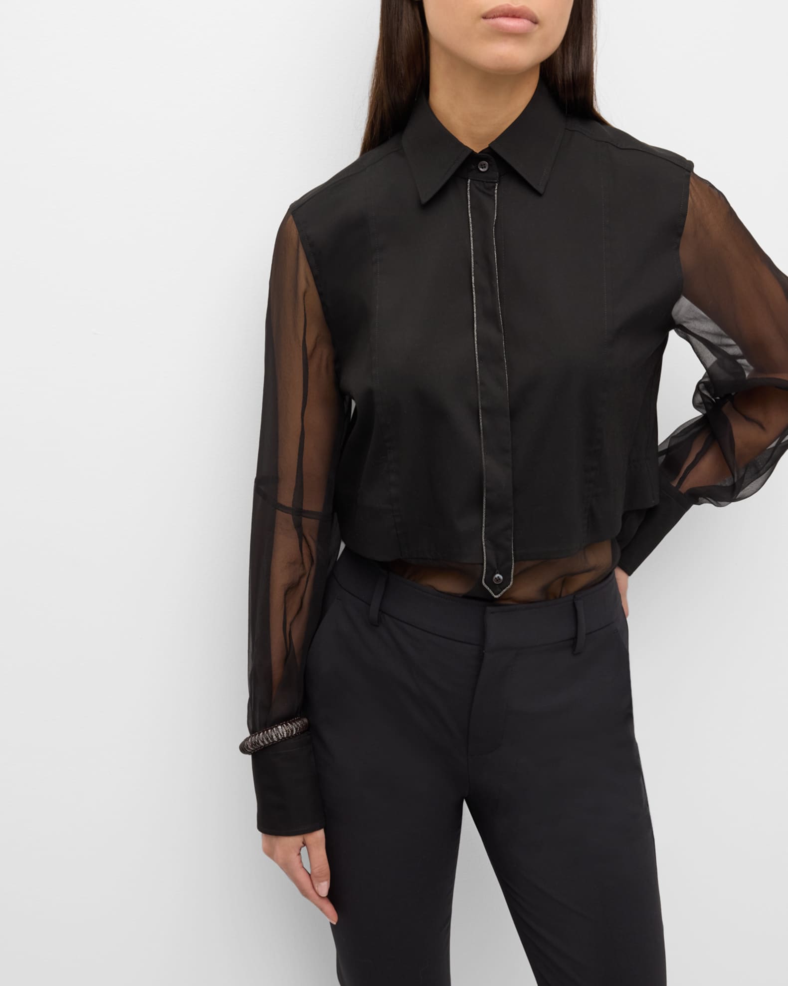 Brunello Cucinelli Mixed-Media Monili-Trim Bib-Front Blouse | Neiman Marcus