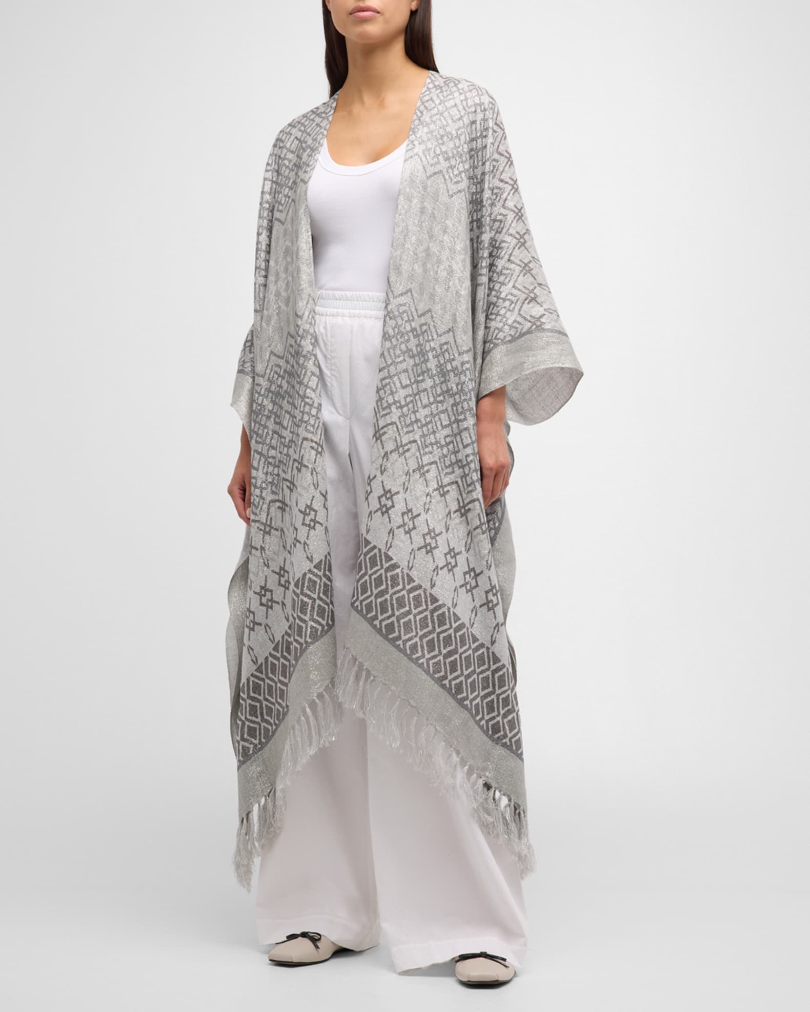 Brunello Cucinelli Mediterraneo Print Metallic Linen Canvas Poncho | Neiman Marcus