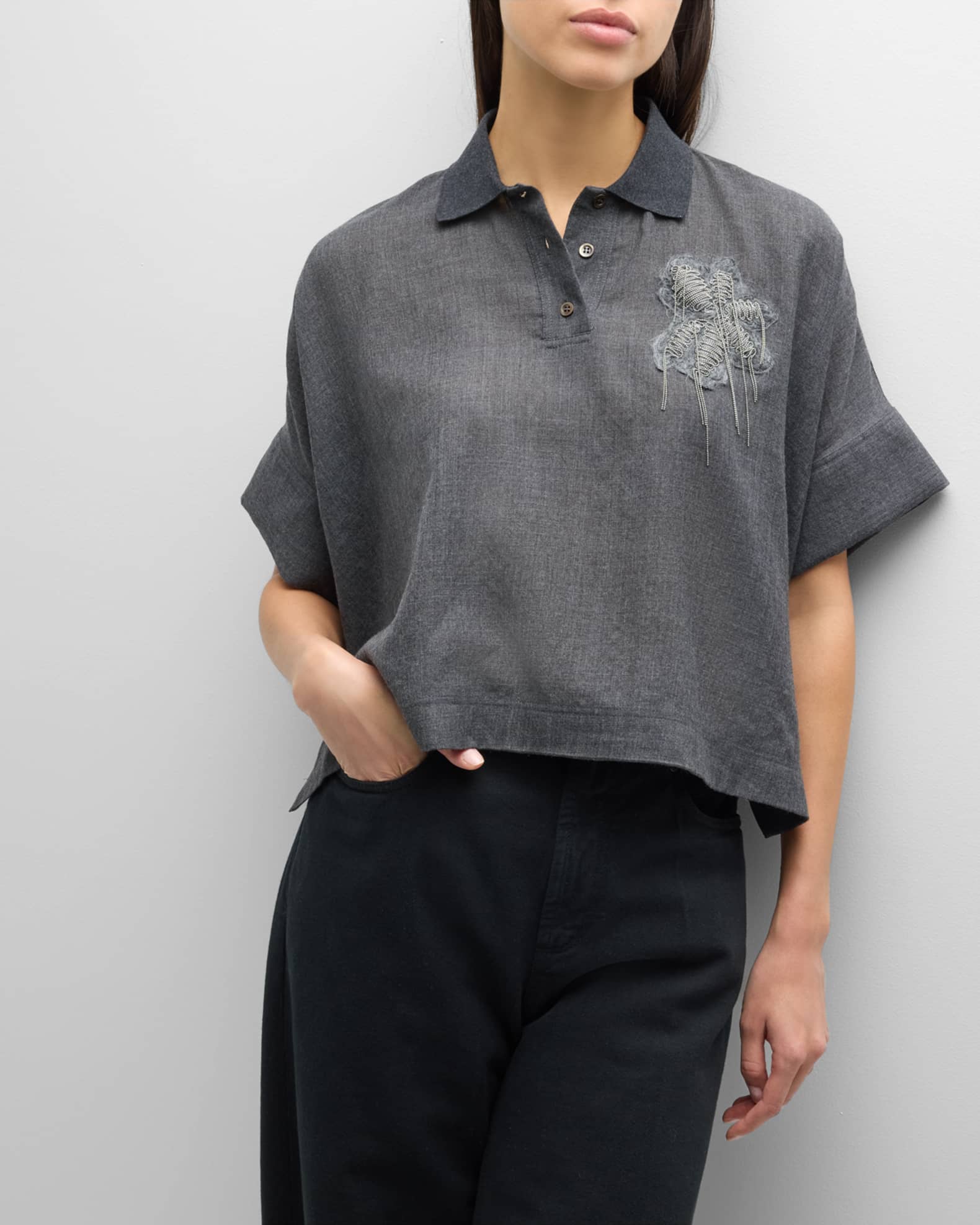 Brunello Cucinelli Monili Floral Crest Short-Sleeve Wool-Gauze Polo Top ...