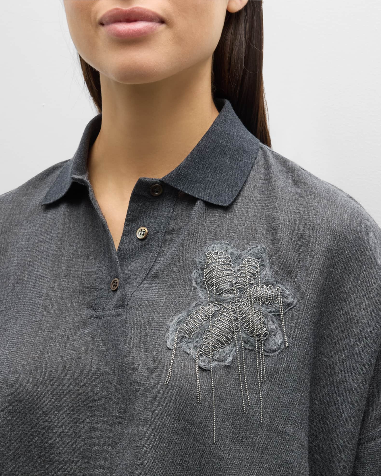 Brunello Cucinelli Monili Floral Crest Short-Sleeve Wool-Gauze Polo Top ...