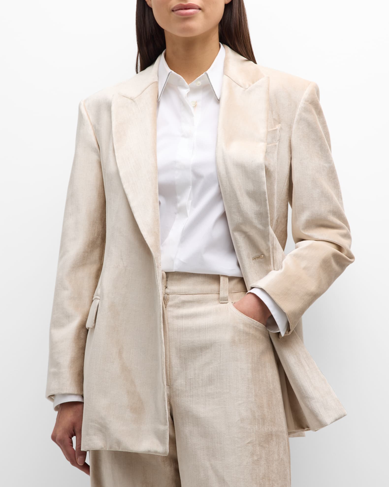 Brunello Cucinelli Sleek Velvet Asymmetric Button Jacket | Neiman Marcus