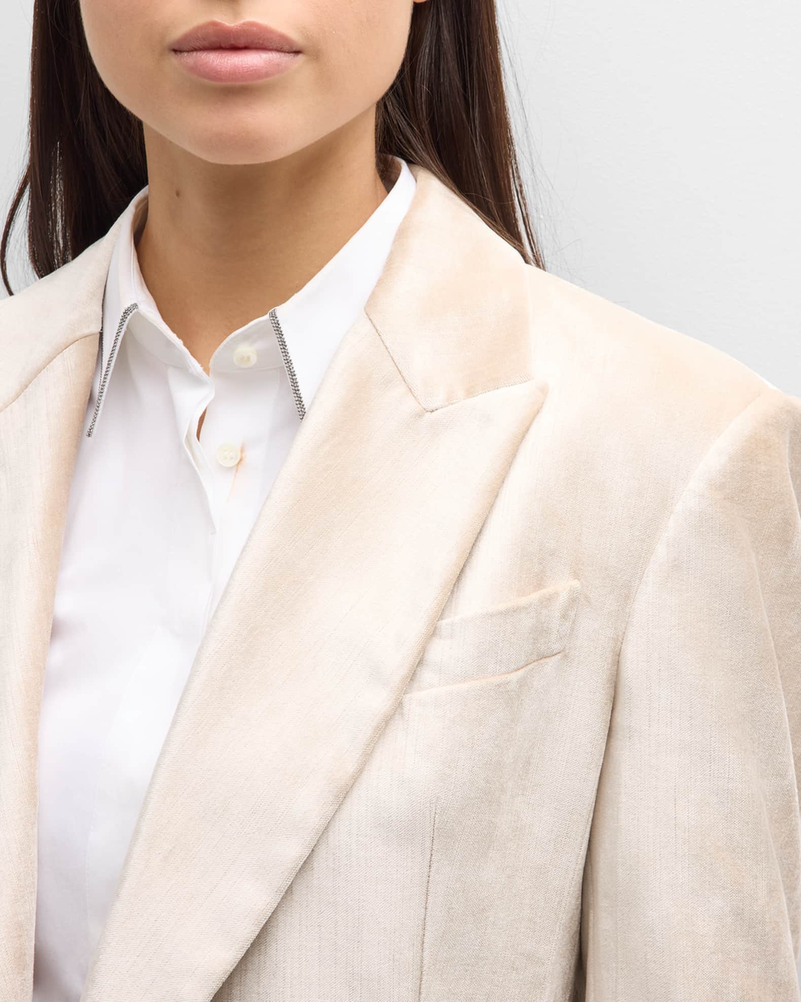 Brunello Cucinelli Sleek Velvet Asymmetric Button Jacket | Neiman Marcus