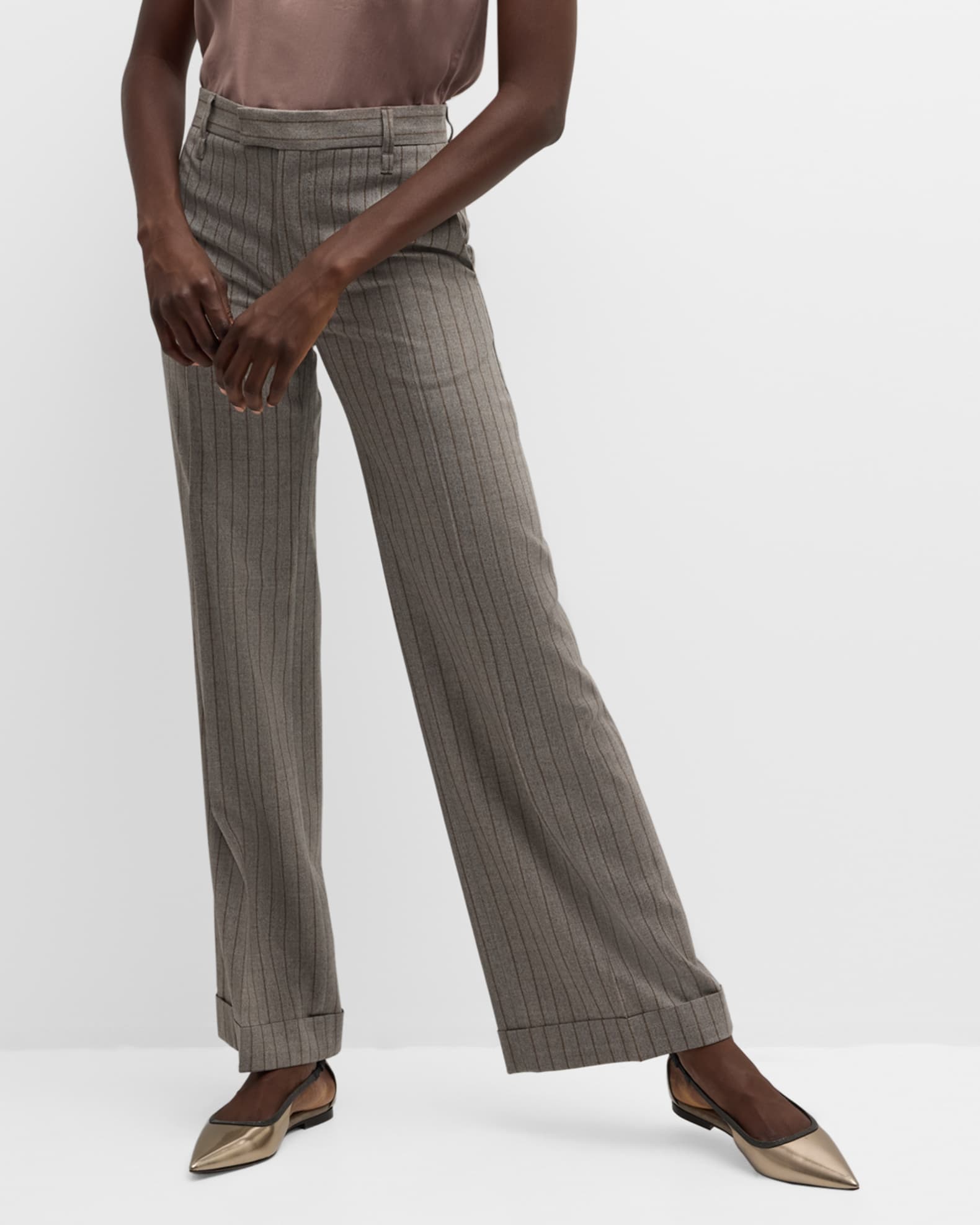 Brunello Cucinelli Pinstripe Wool Wide Flared Pants With Cuffs | Neiman ...