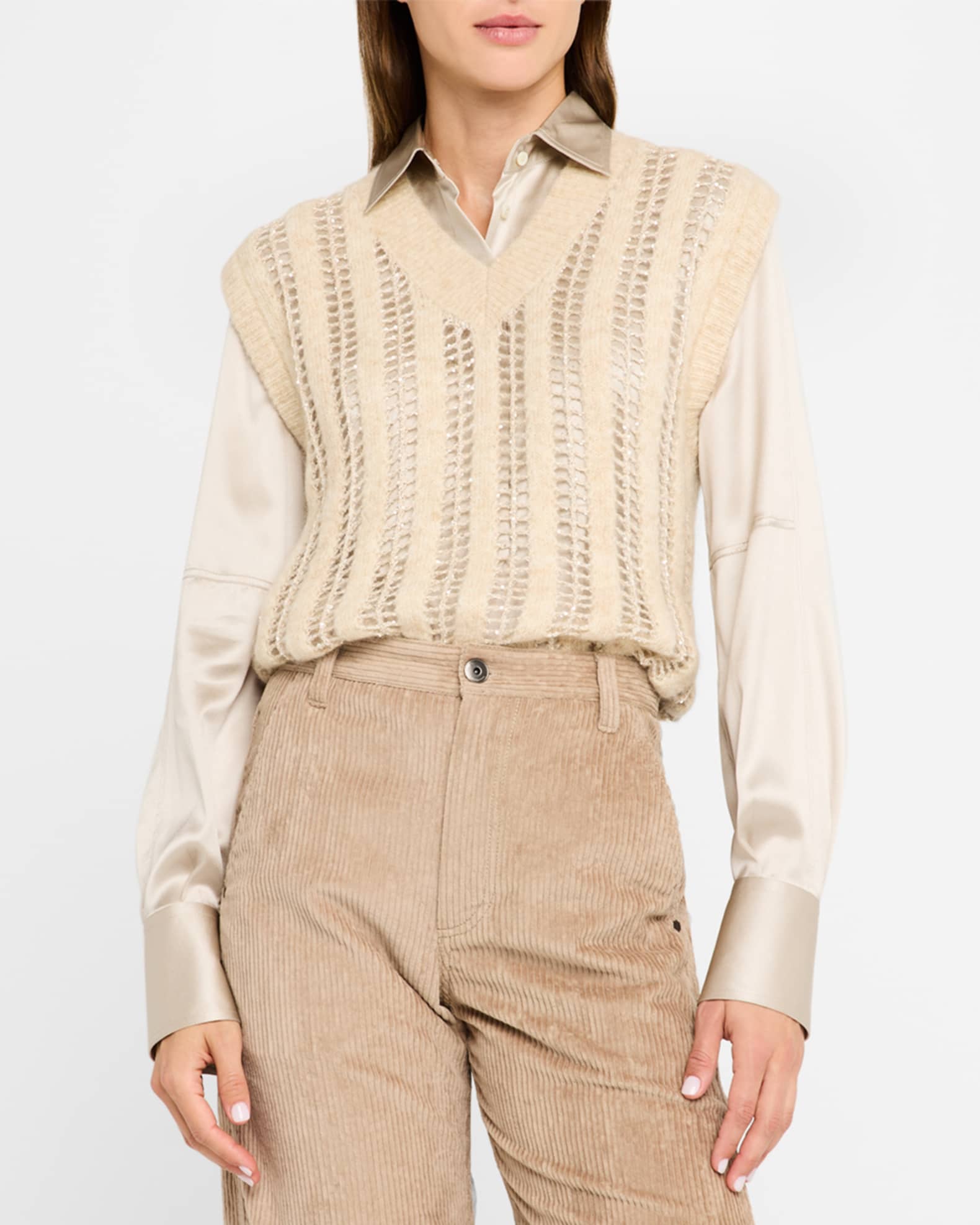 Brunello Cucinelli Paillette Lattice 3D Rib Knit Vest | Neiman Marcus