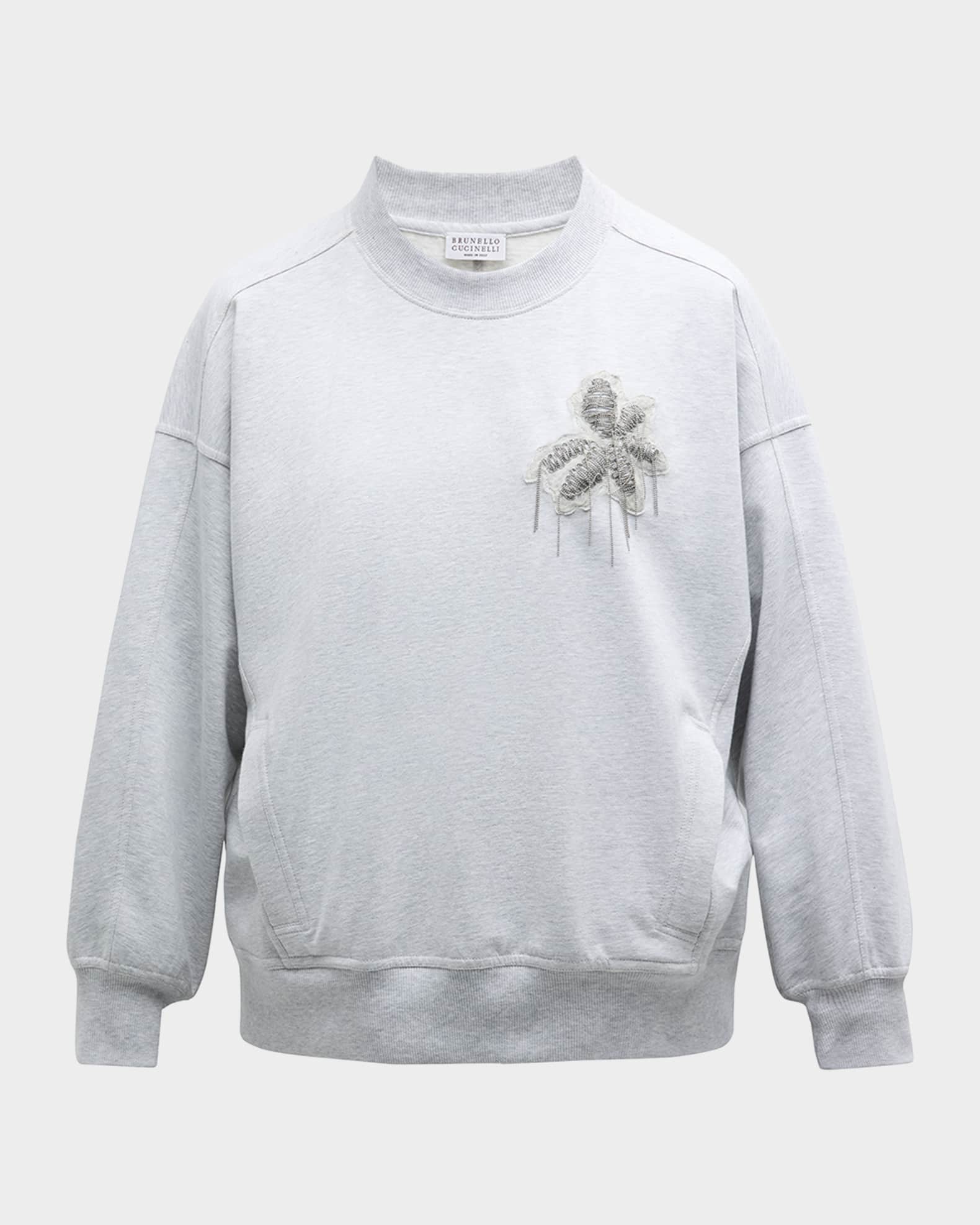 Brunello Cucinelli Monili Floral Crest Cotton Felpa Crewneck Sweatshirt ...