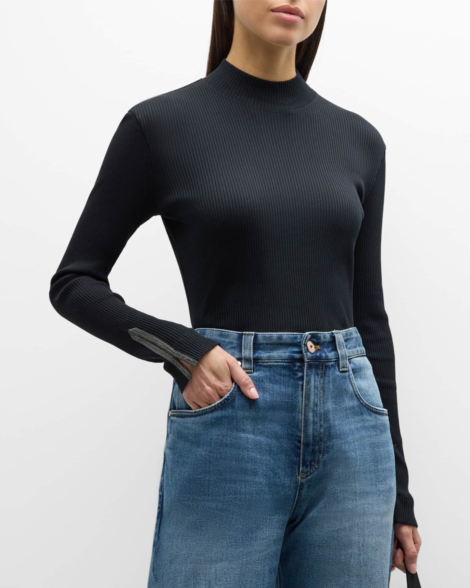 Brunello Cucinelli Monili-Cuff Mock-Neck Cotton Rib Knit Top | Neiman ...