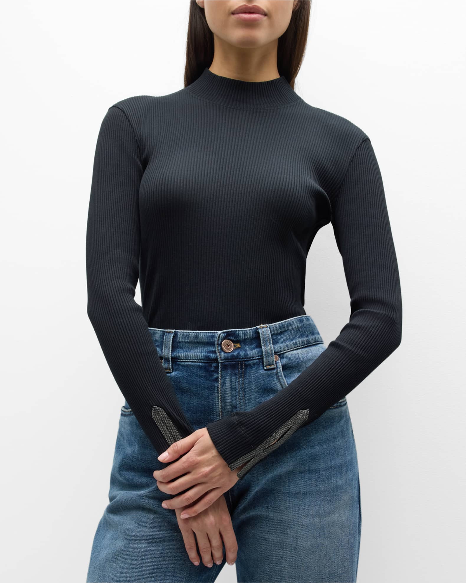 Brunello Cucinelli Monili-Cuff Mock-Neck Cotton Rib Knit Top | Neiman ...