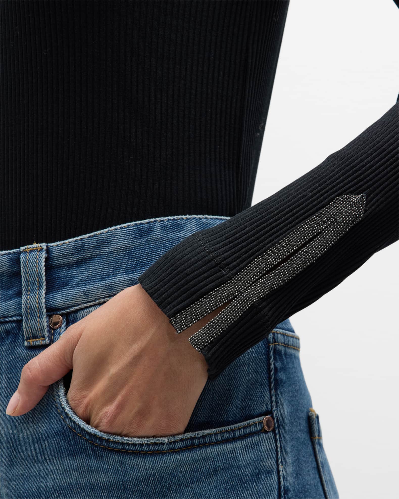 Brunello Cucinelli Monili-Cuff Mock-Neck Cotton Rib Knit Top | Neiman ...