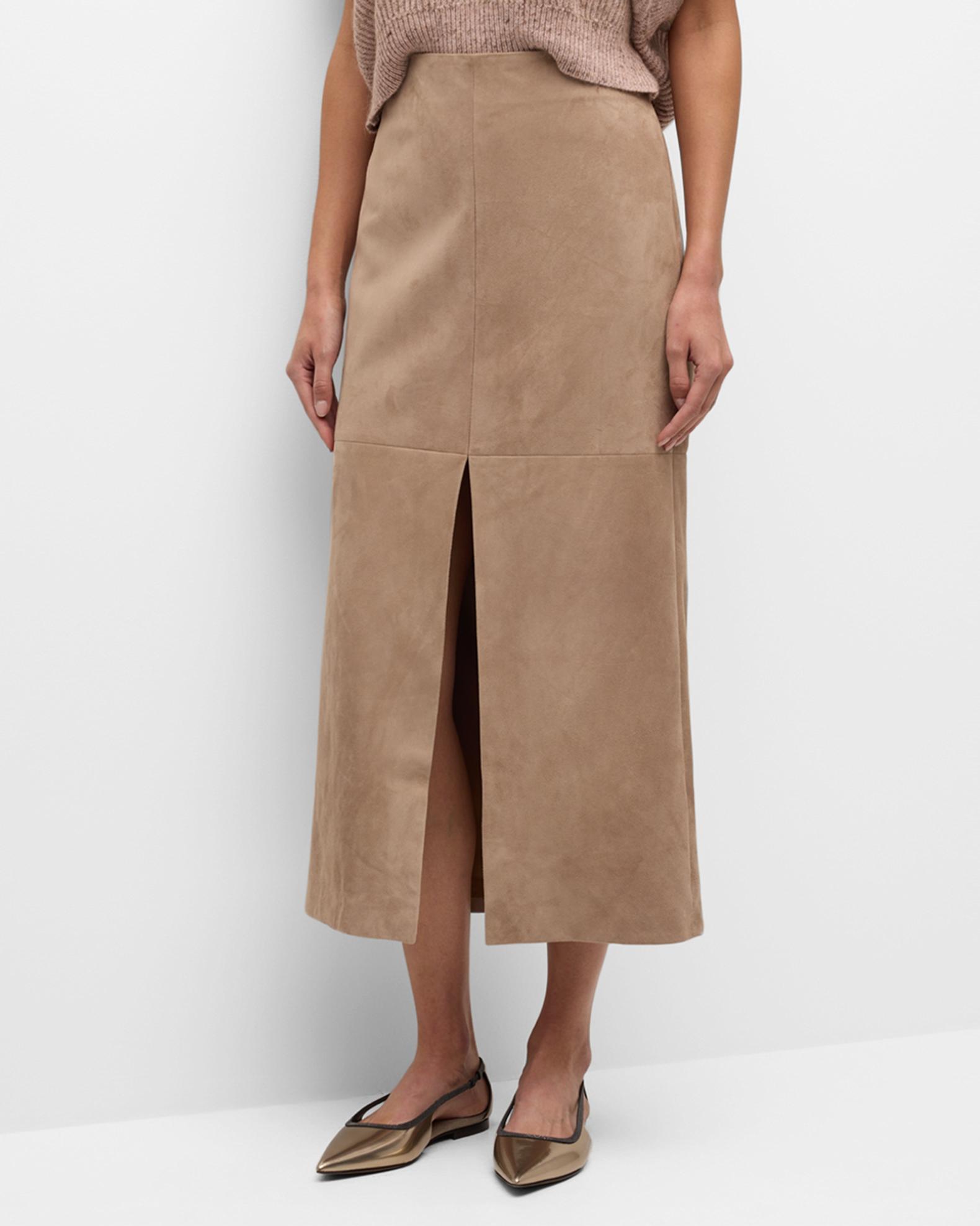 Brunello Cucinelli Front-Slit Suede Midi Skirt | Neiman Marcus