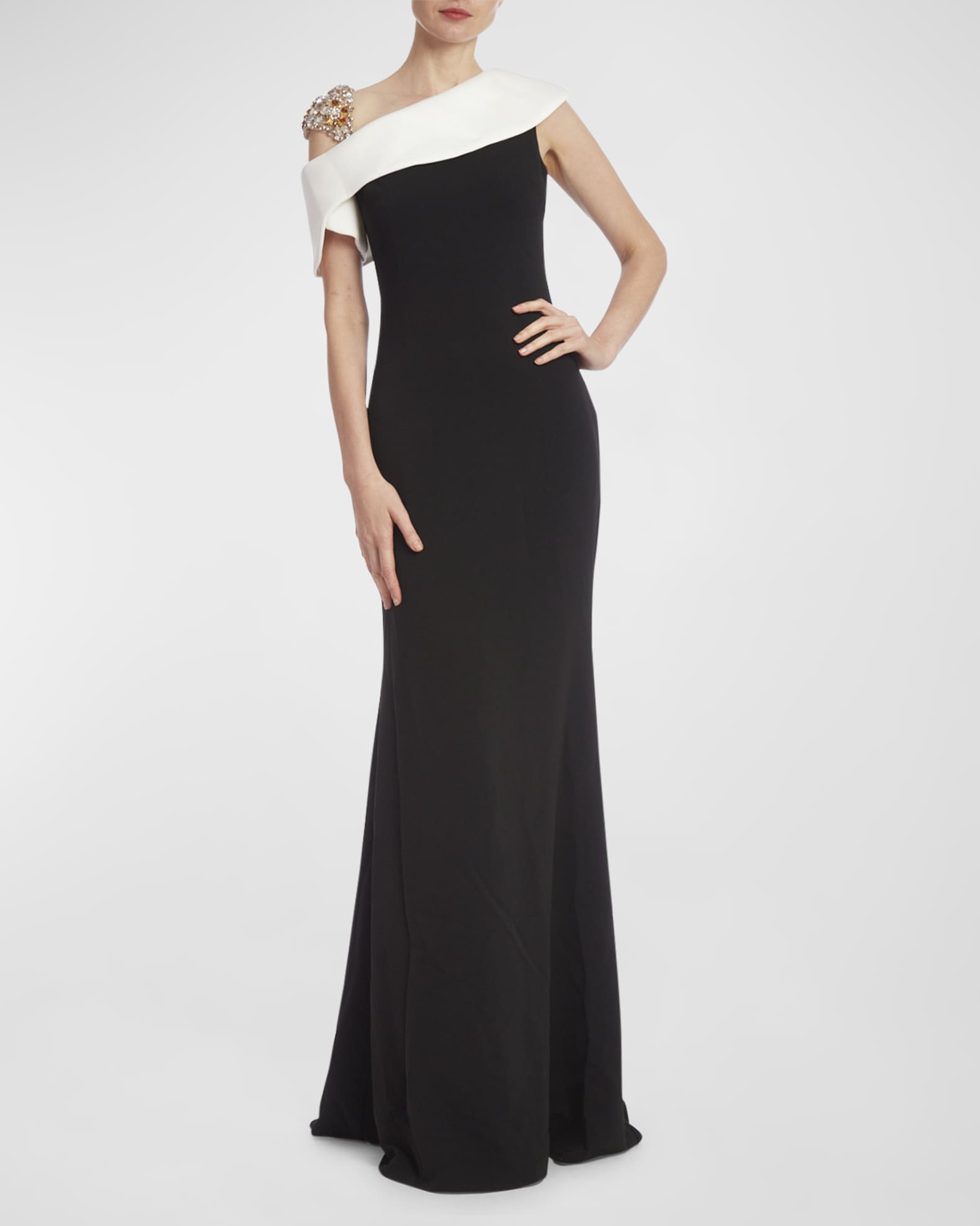 Badgley Mischka Collection Jewel-Embellished Asymmetric Column Gown ...