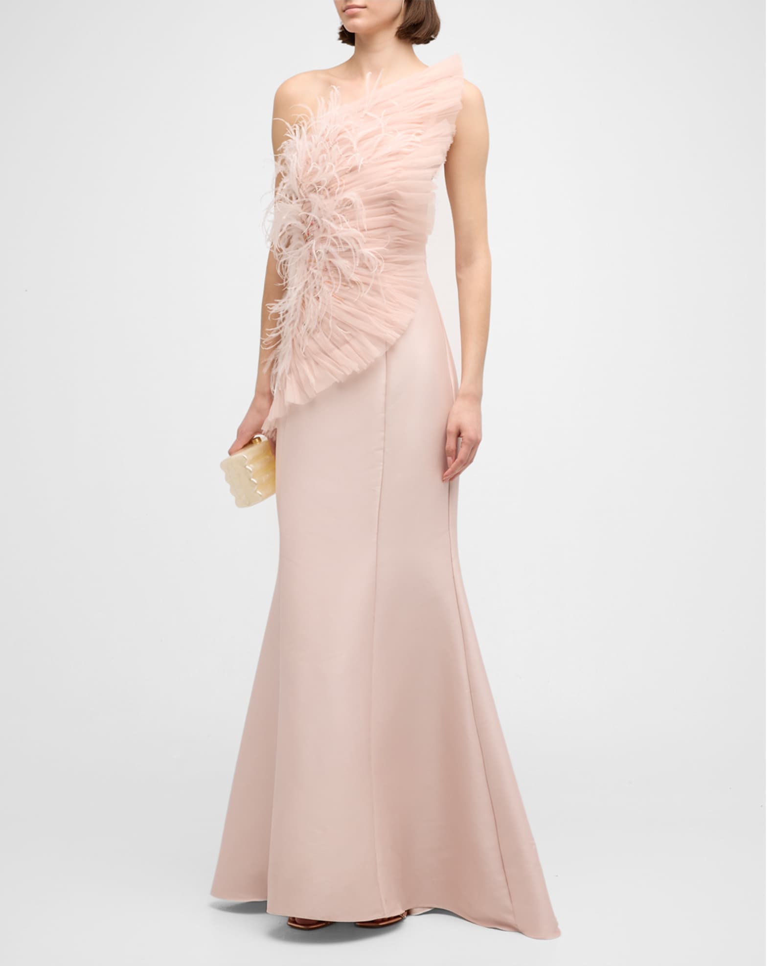 Badgley Mischka Collection Strapless Feather-Embellished Ruffle Gown ...