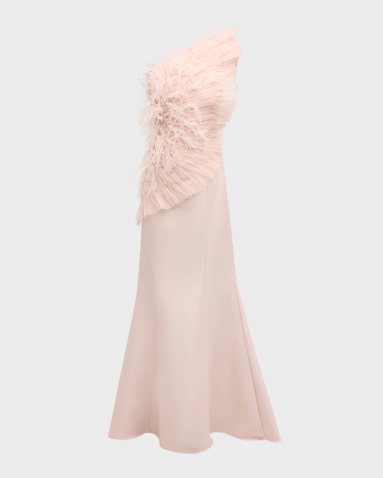 Badgley Mischka Collection Strapless Feather-Embellished Ruffle Gown ...