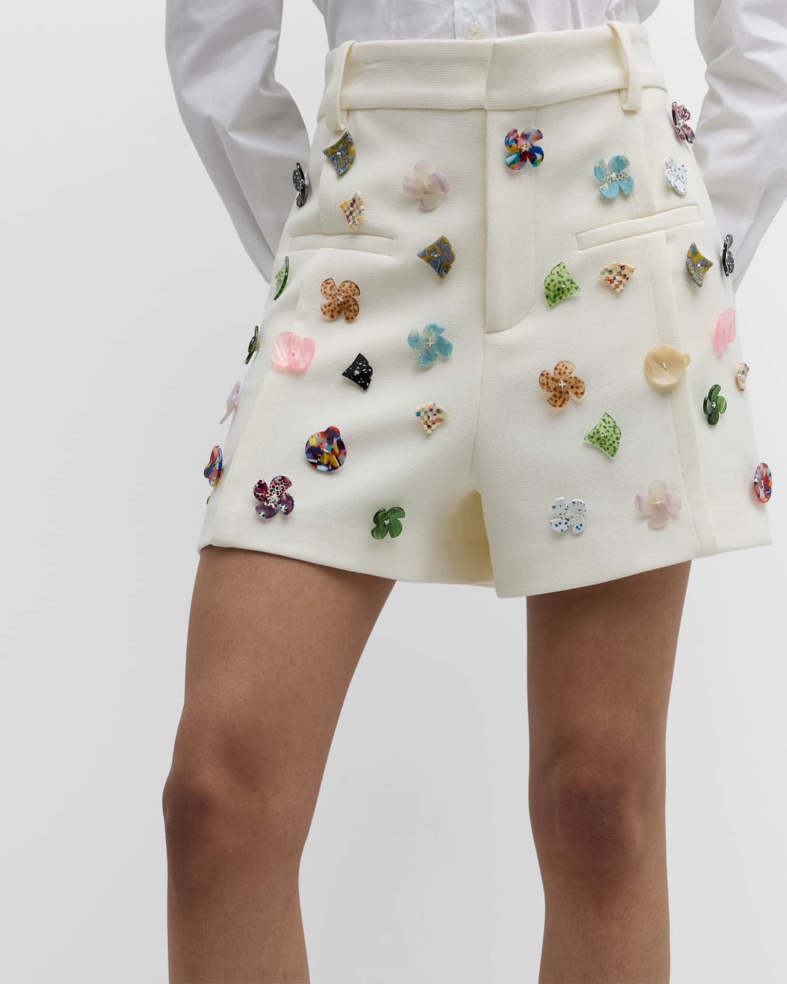 Libertine Button Town Embellished High-Rise Crepe Shorts | Neiman Marcus