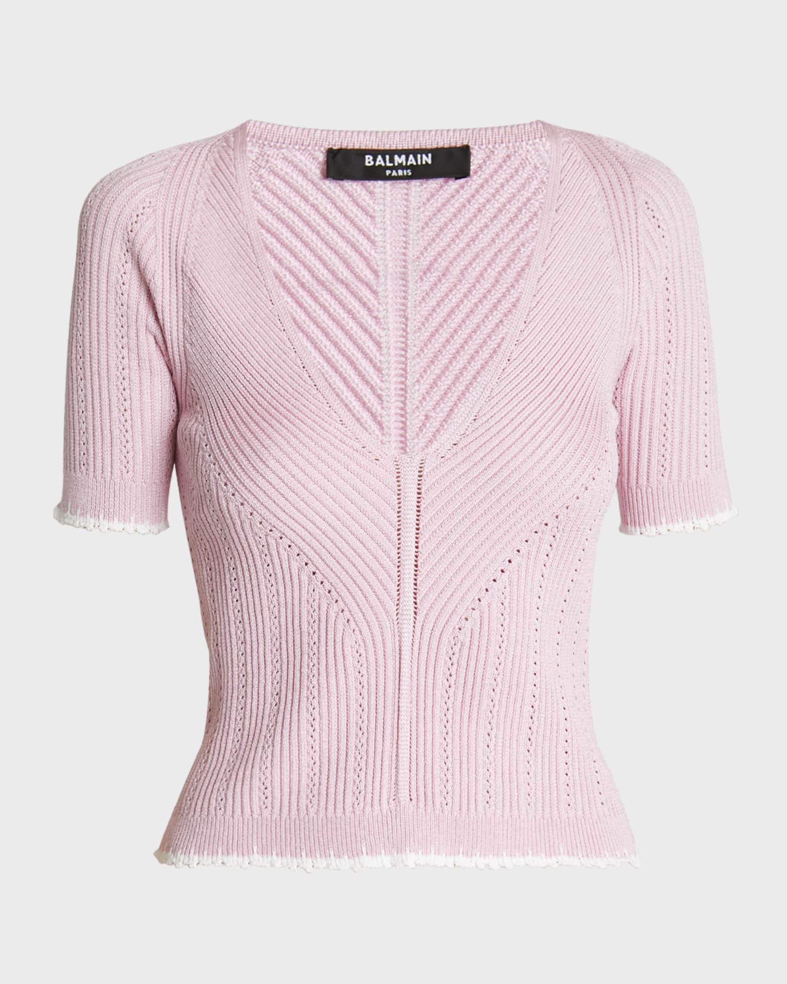 Balmain V-Neck Short-Sleeve Pointelle Knit Top | Neiman Marcus